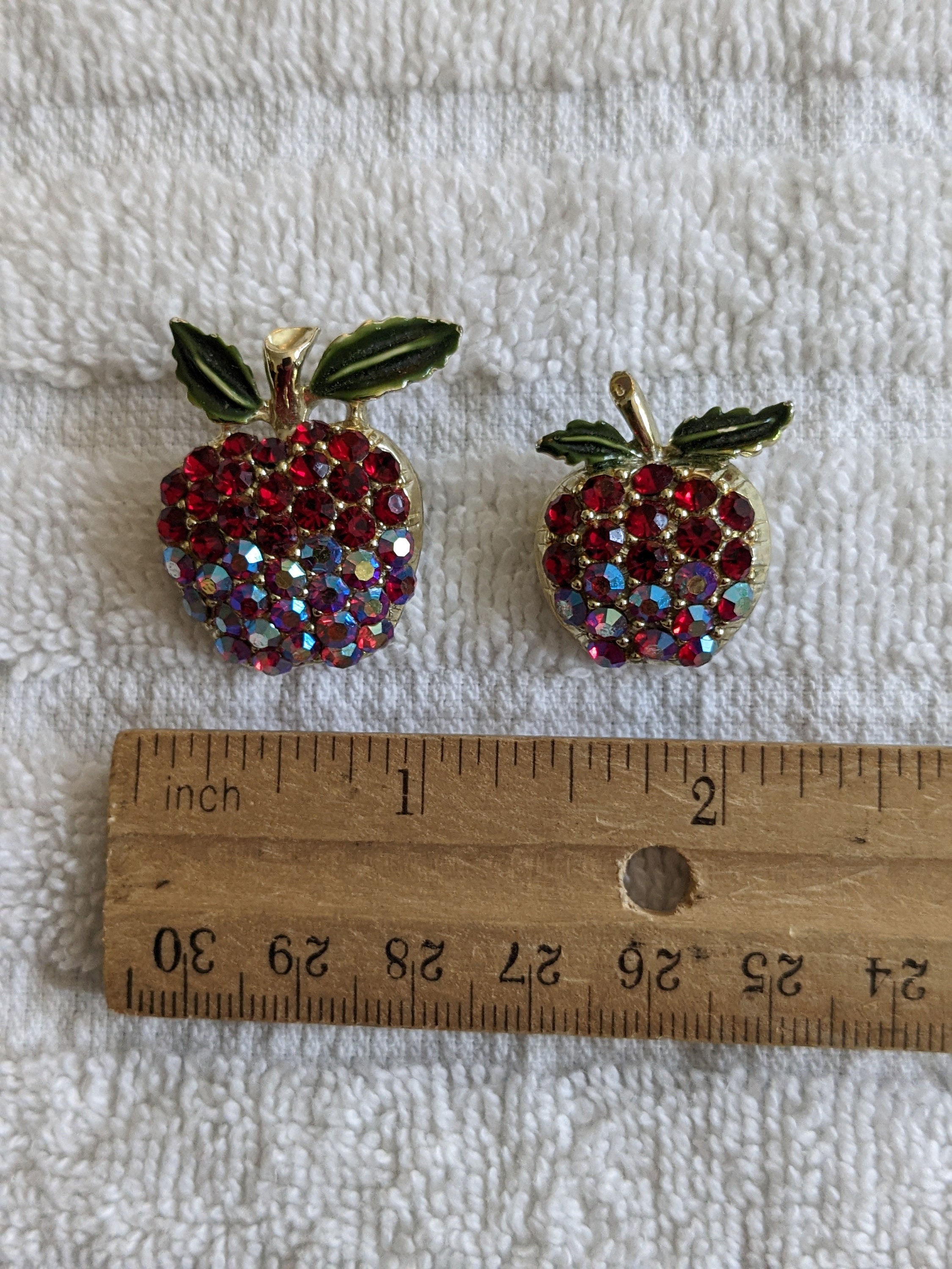 Pair of Red and Aurora Borealis Rhinestone Apple Pins - Etsy