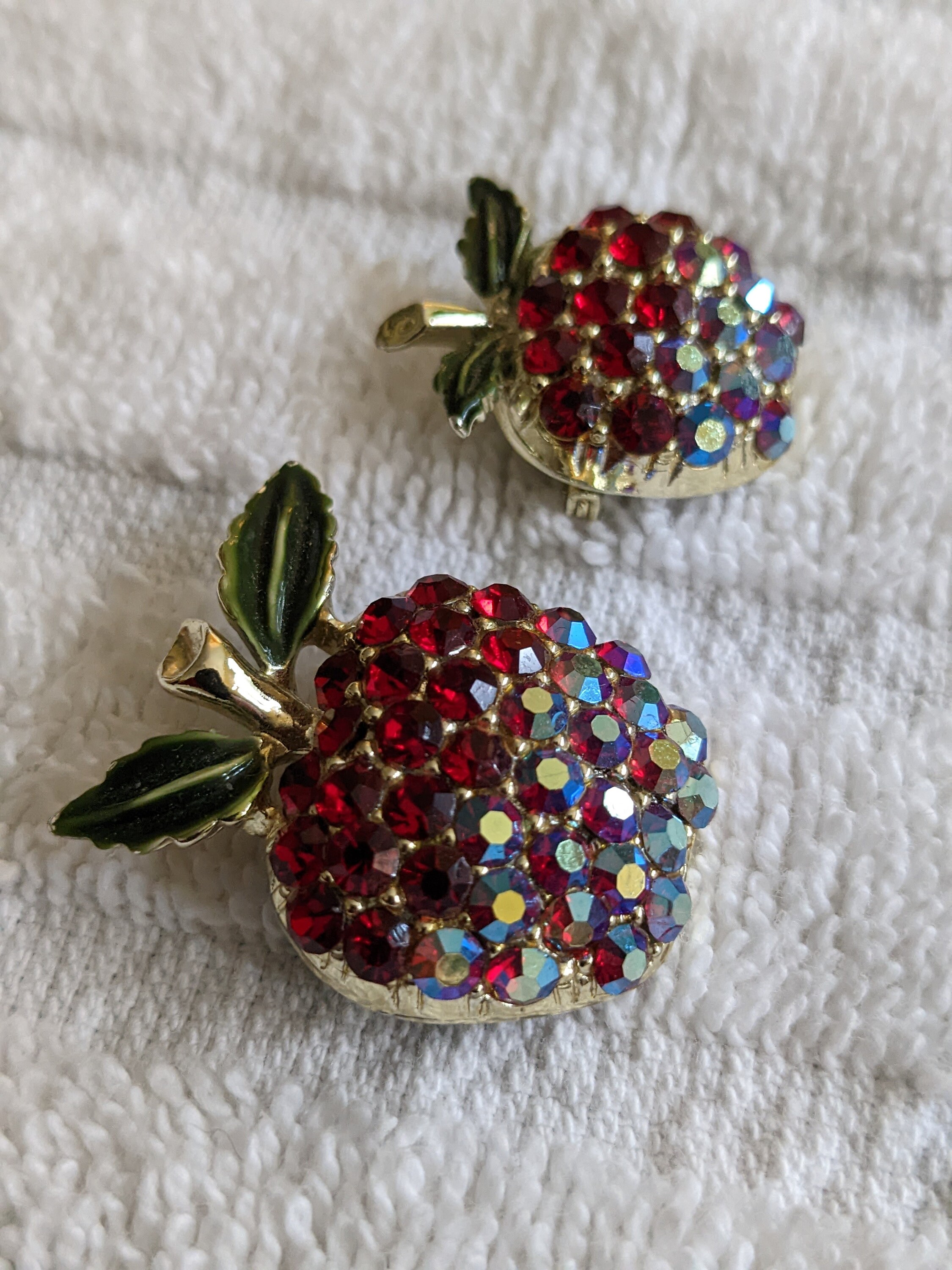 Pair of Red and Aurora Borealis Rhinestone Apple Pins - Etsy
