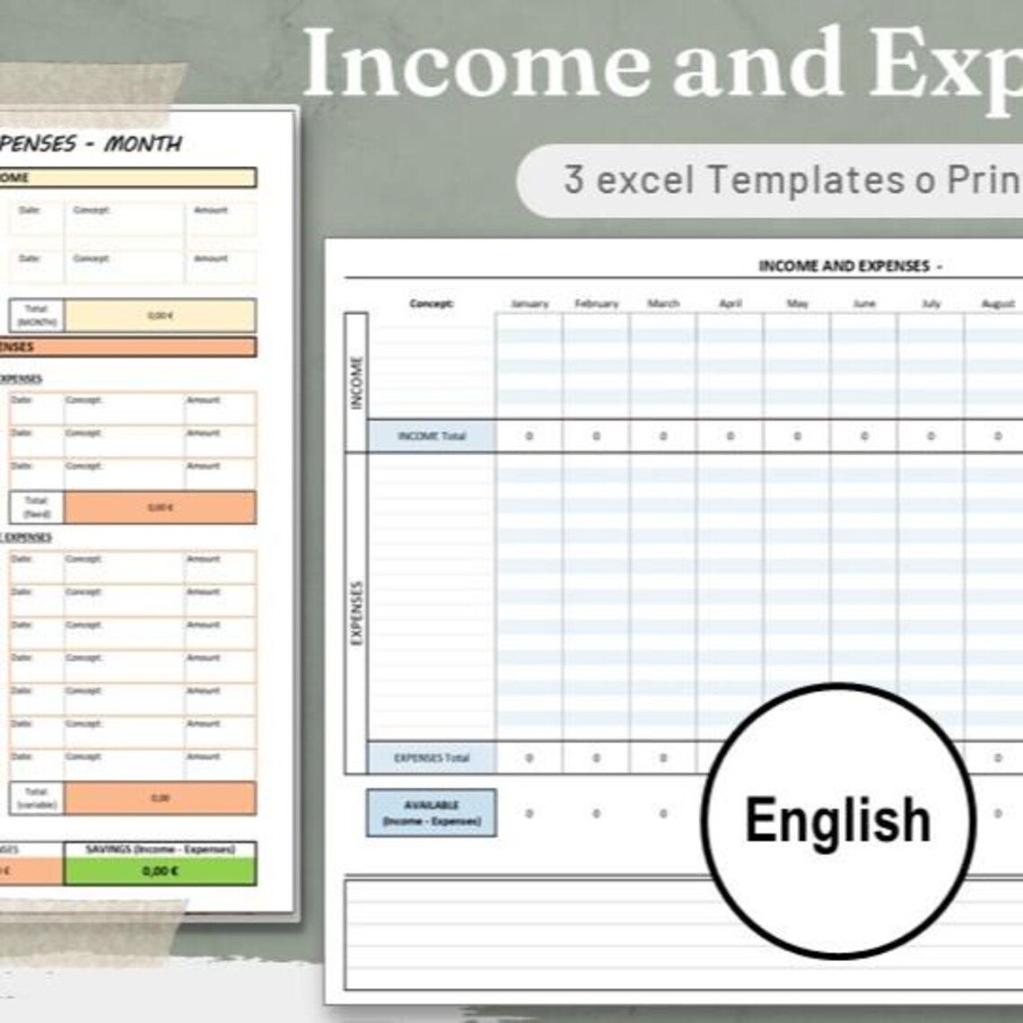 Income and Expense Template, Kakebo English Excel or Printable Personal ...