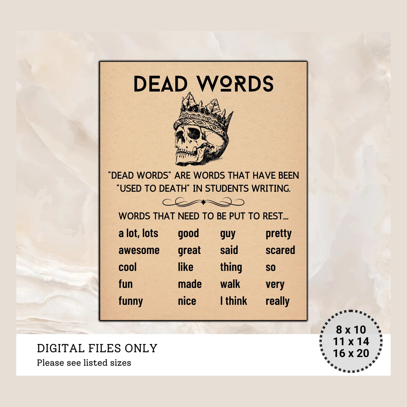 English Classroom DEAD WORDS Poster, Skull Decoration, Writing Poster ...
