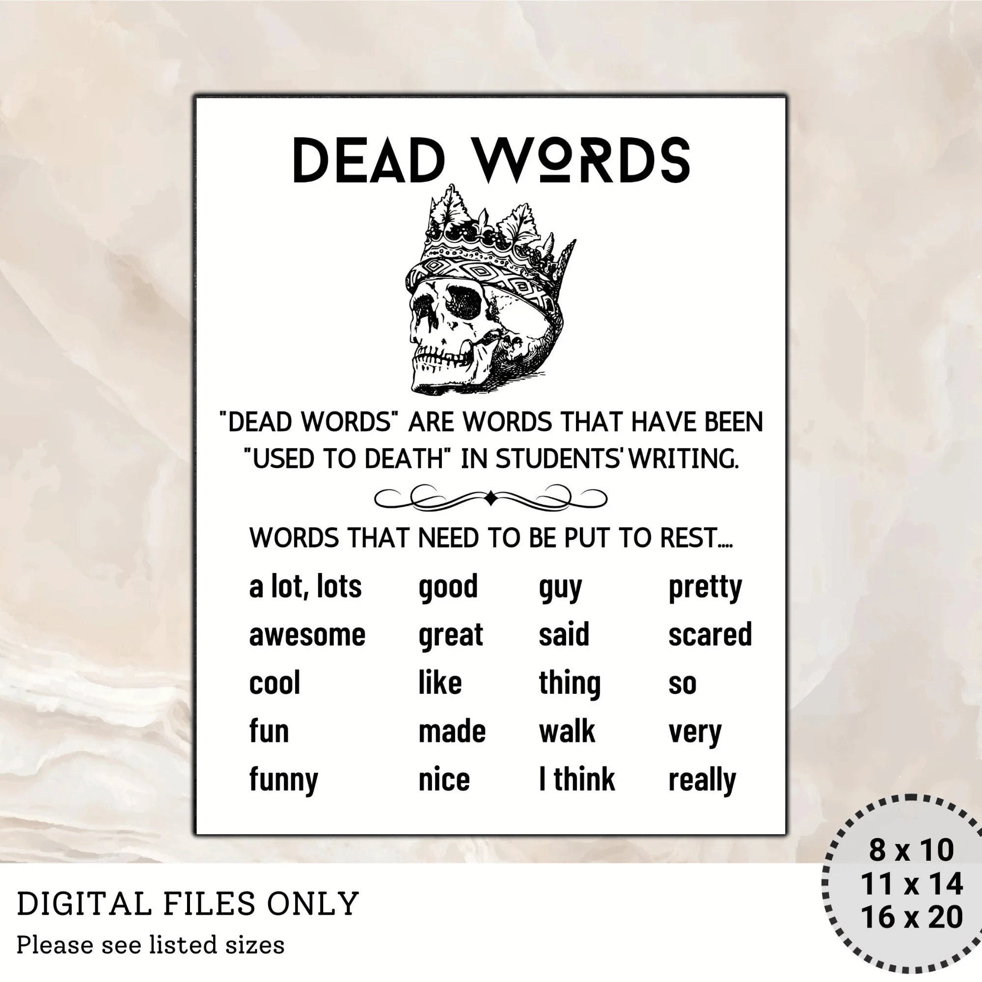 English Classroom DEAD WORDS Poster, English Classroom Decor, Writing ...