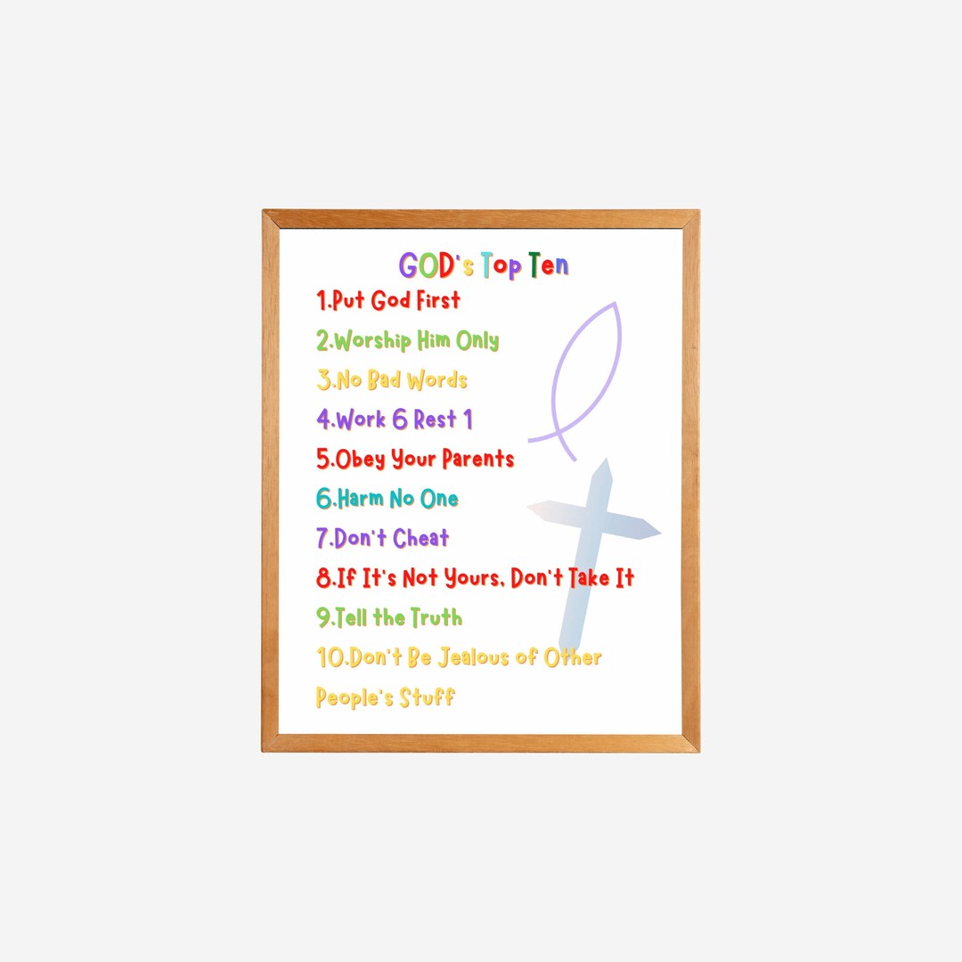 Ten Commandments Poster, God's Top Ten, Kids Bible Verse Art, Christian ...