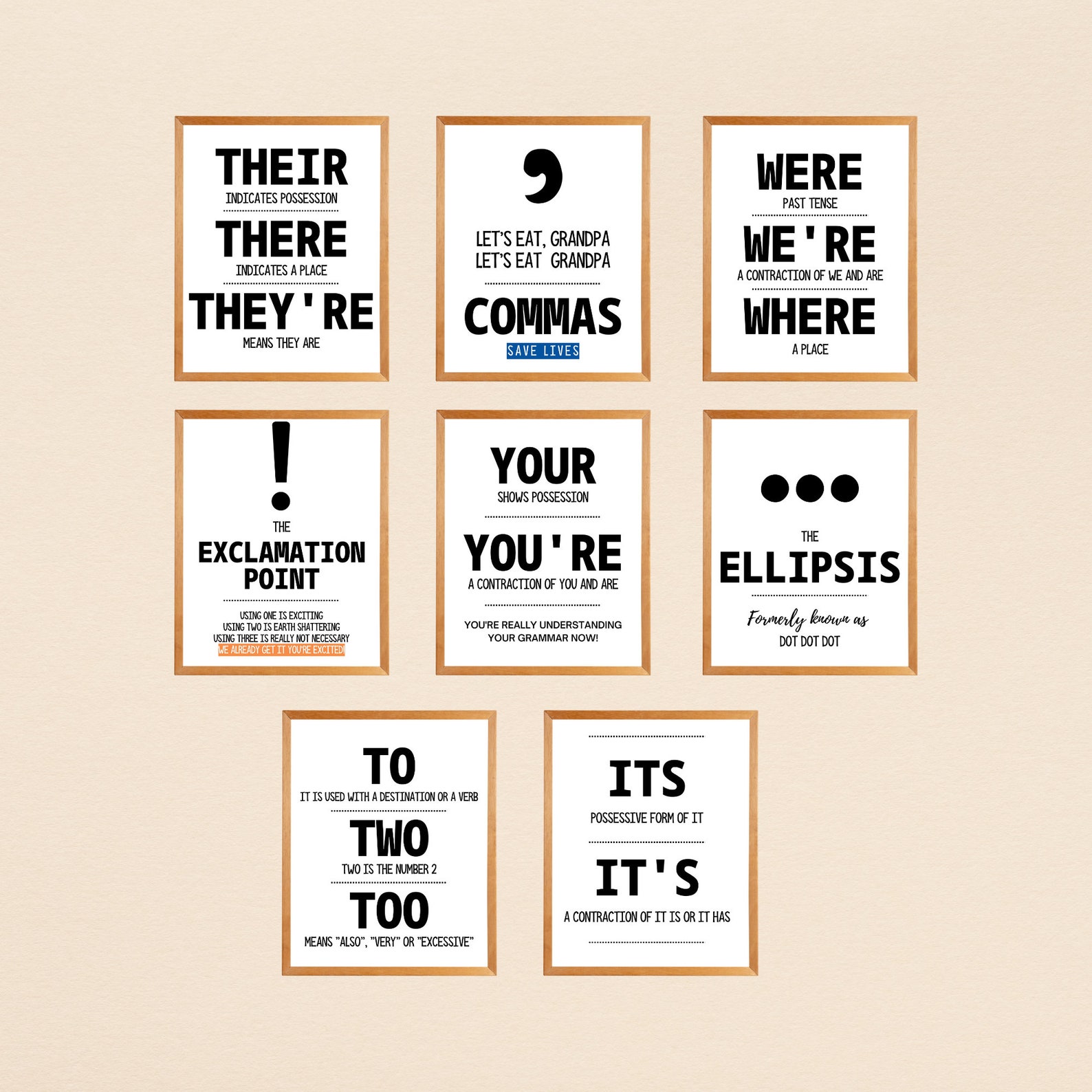 Set of 8 English Grammar Punctuation Posters, Classroom Grammar Art ...