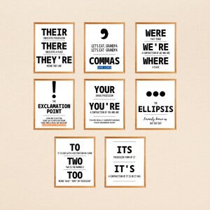 Set of 8 English Grammar Punctuation Posters, Classroom Grammar Art ...