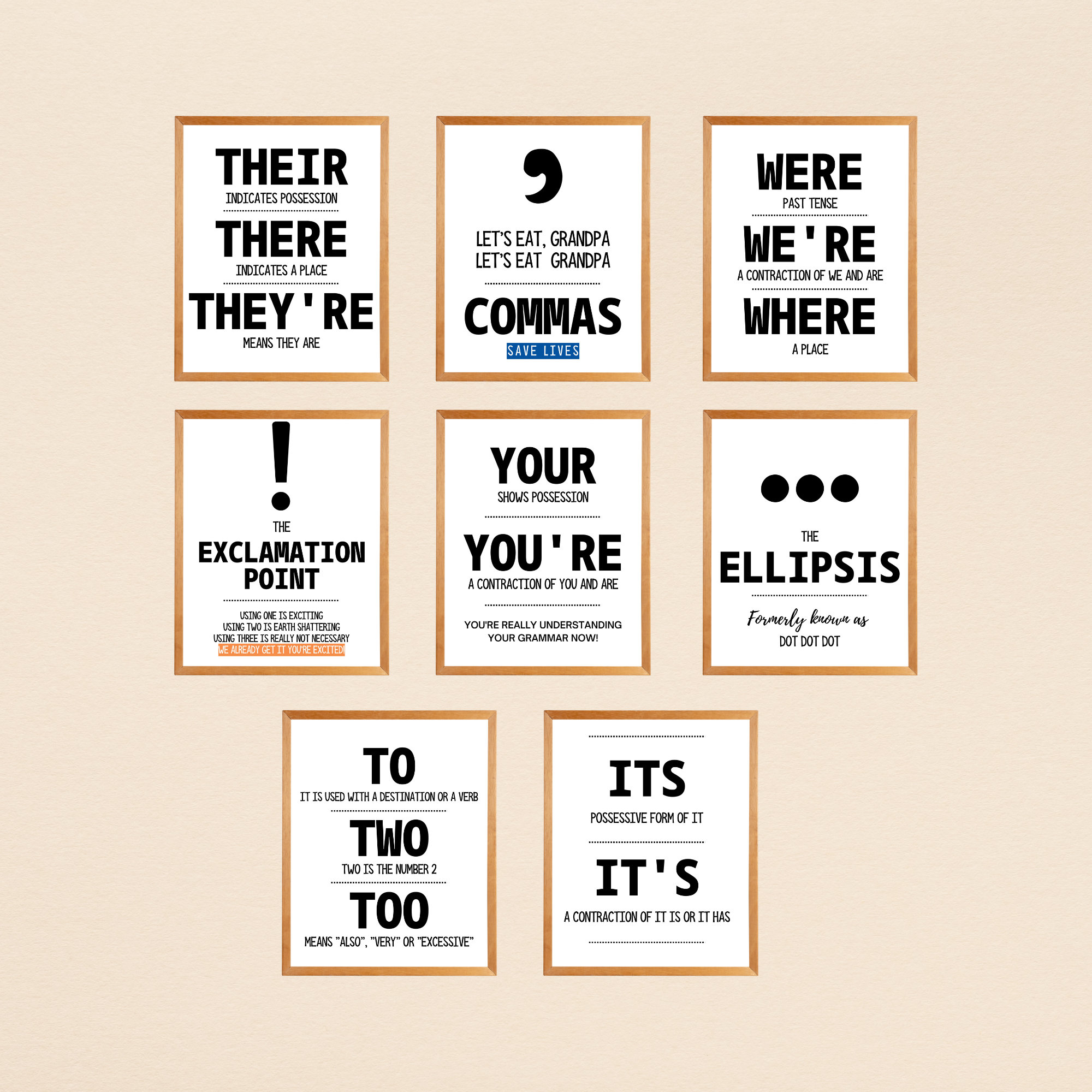 Set of 8 English Grammar Punctuation Posters, Classroom Grammar Art ...