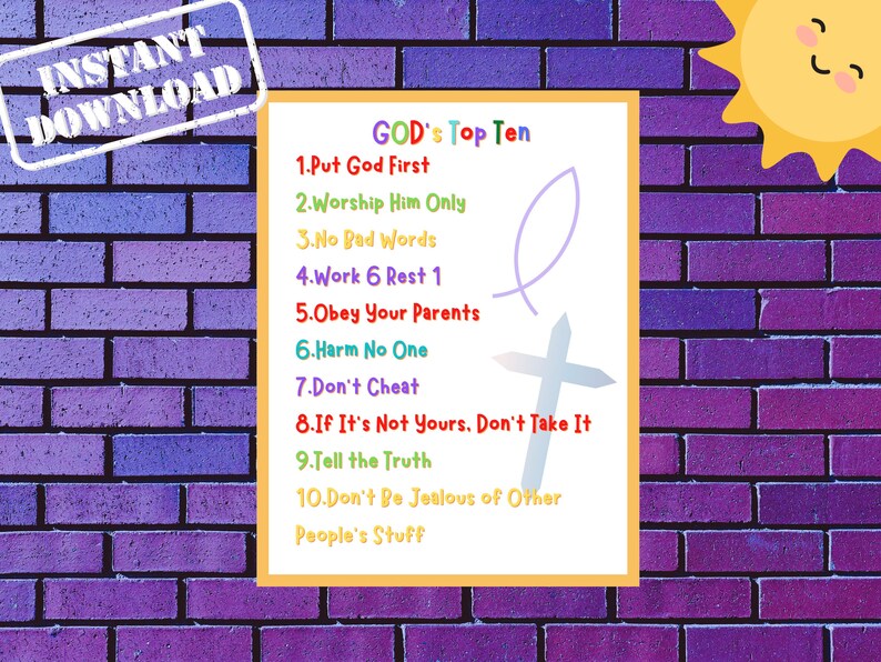 Ten Commandments Poster God's Top Ten Kids Bible Verse Art - Etsy