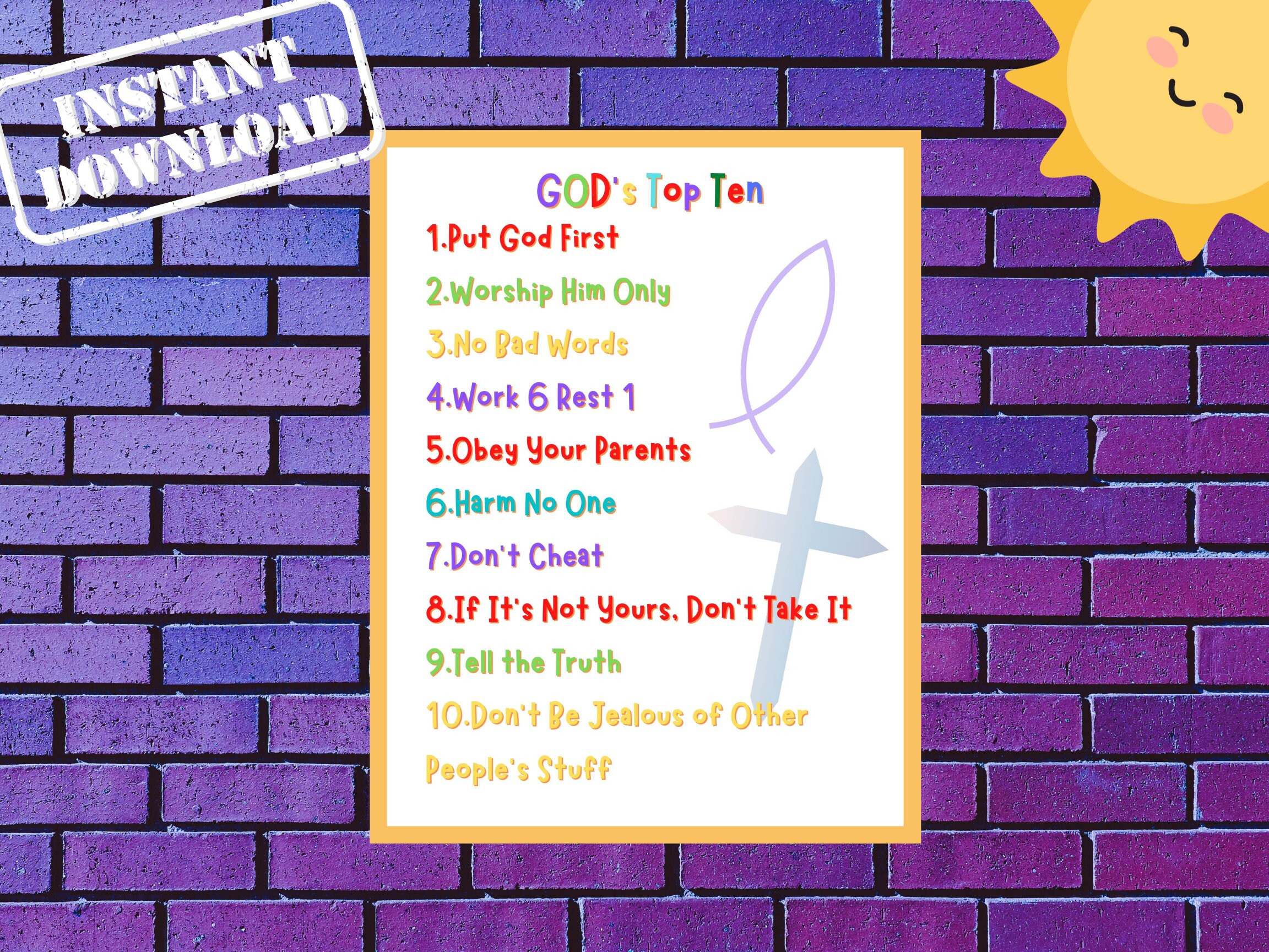 Ten Commandments Poster God's Top Ten Kids Bible Verse Art - Etsy