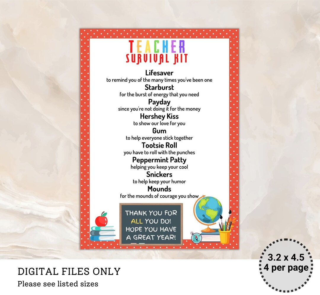 Teacher Survival Kit Gift Tags, Teacher Appreciation, Thank You Cards ...