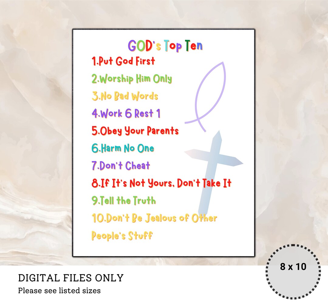 Ten Commandments Poster God's Top Ten Kids Bible Verse Art - Etsy