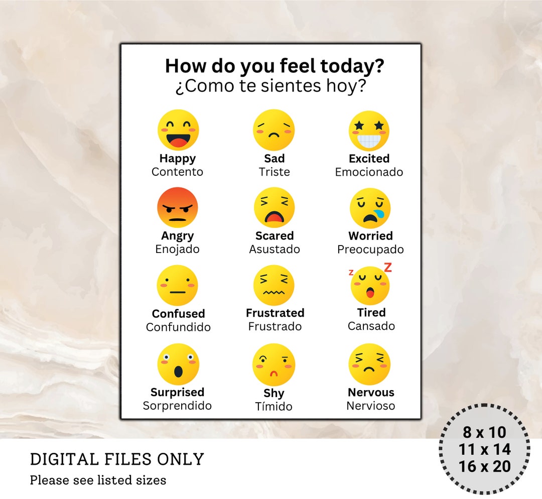 Bilingual Feelings Printable Spanish Poster Therapy Office - Etsy