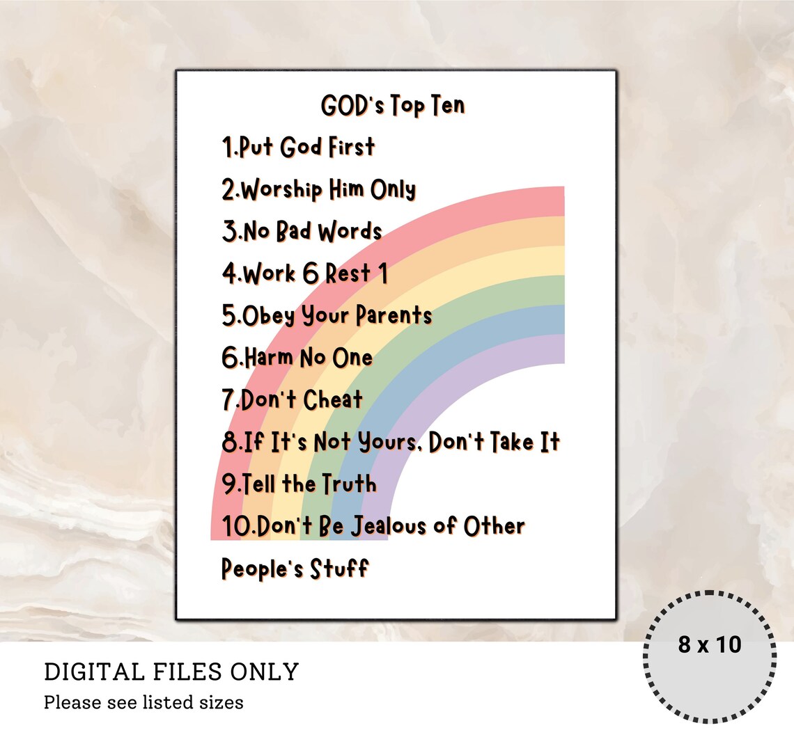 Ten Commandments Kids Poster God's Top Ten Sign Bible - Etsy