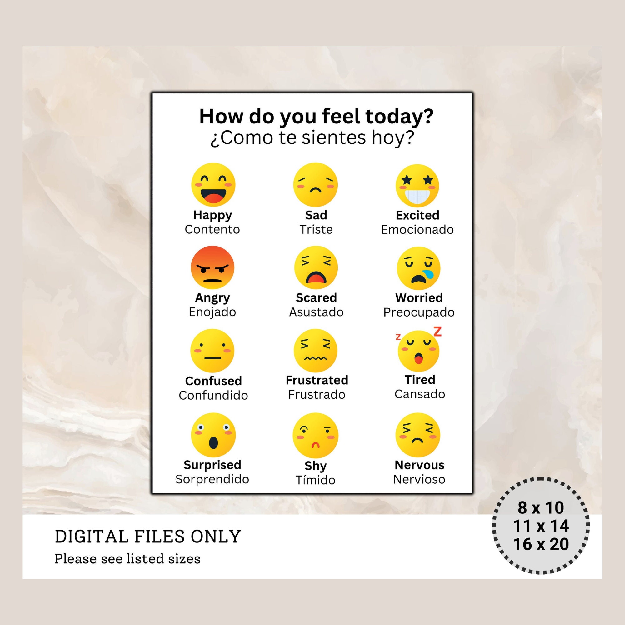 Bilingual Feelings Printable, Spanish Poster, Therapy Office Decor ...