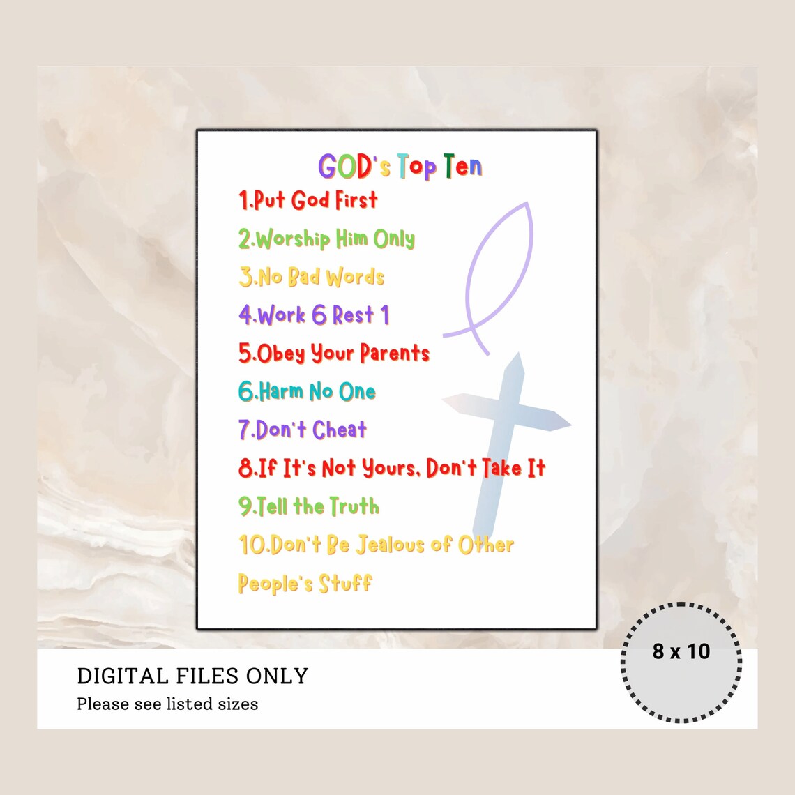 Ten Commandments Poster, God's Top Ten, Kids Bible Verse Art, Christian ...