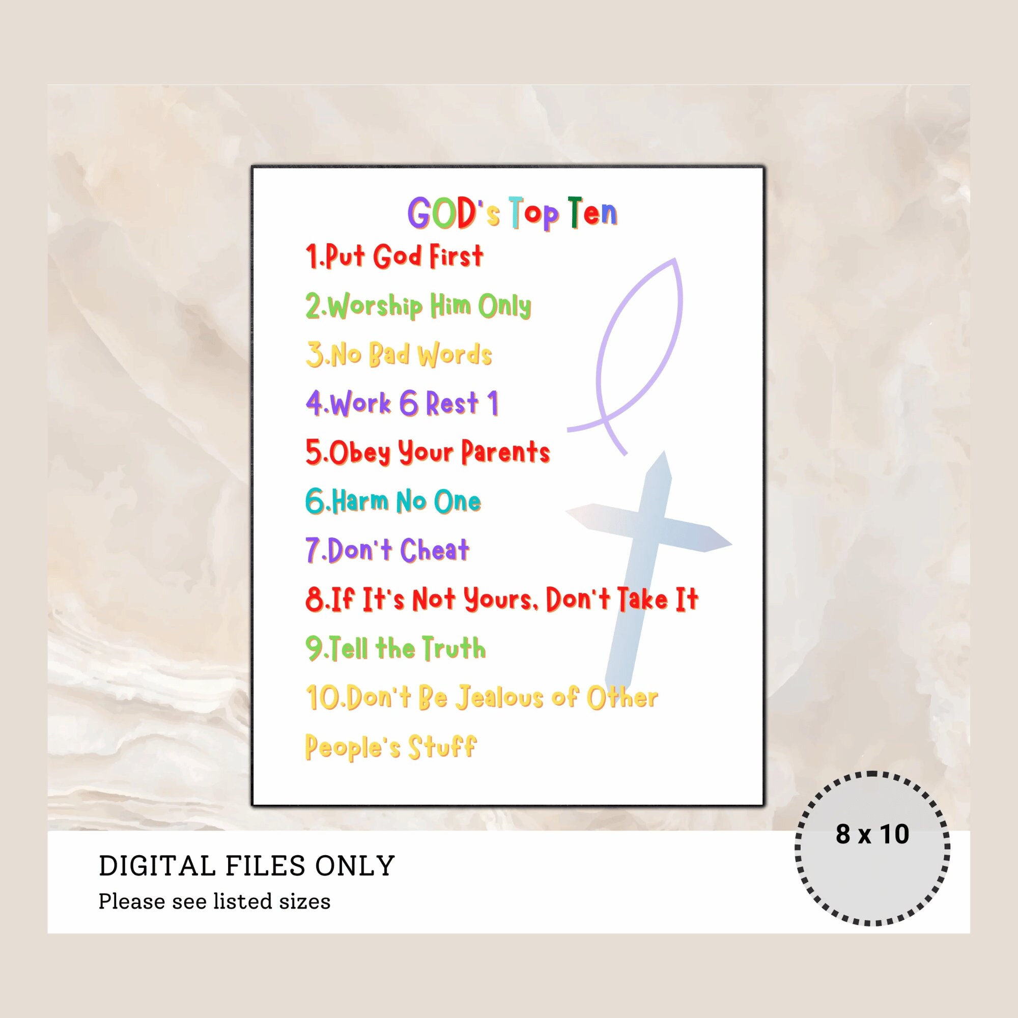 Ten Commandments Poster, God's Top Ten, Kids Bible Verse Art, Christian ...