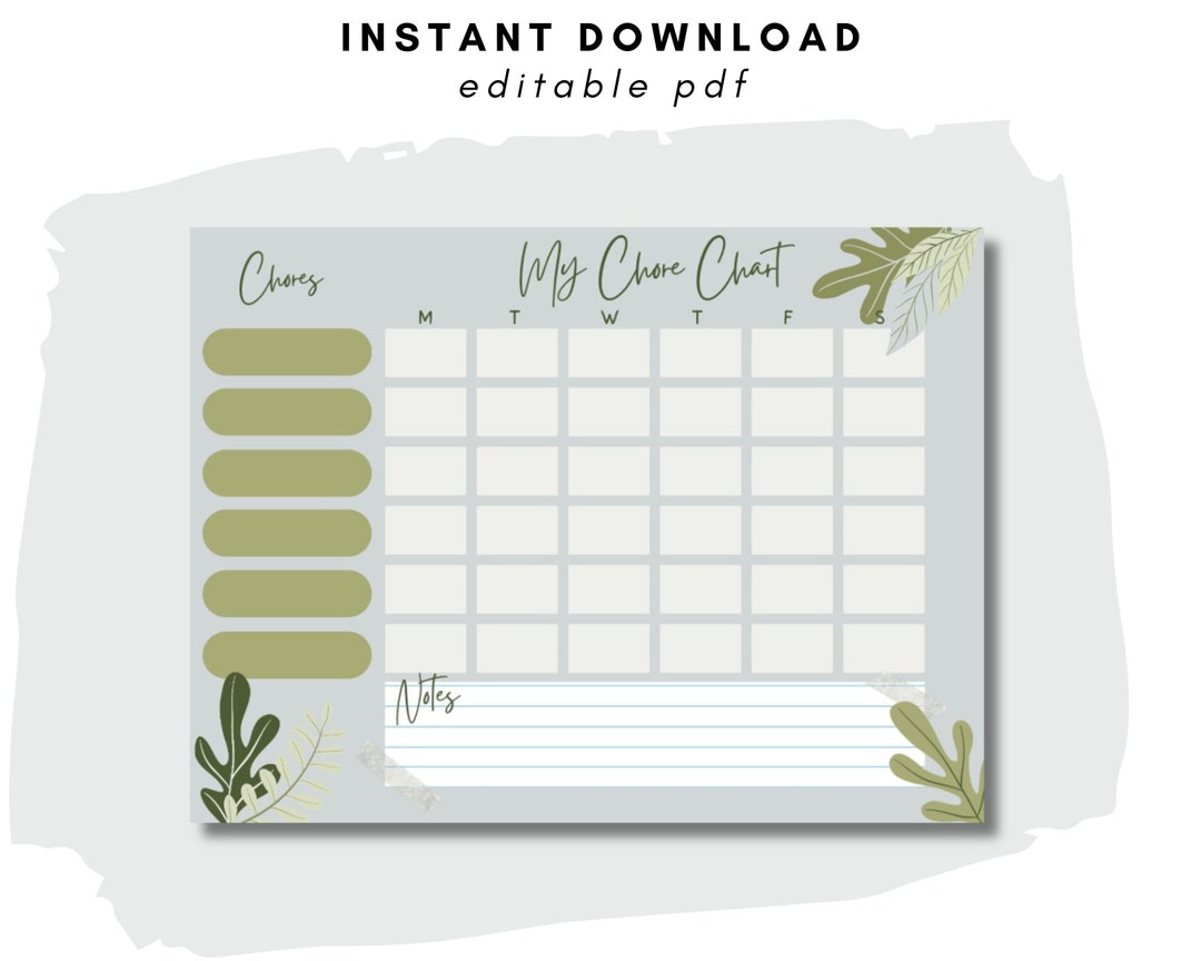 Weekly Chore Chart, Fully Editable PDF, Digital File Instant Download ...