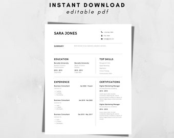 Digital Resume Template, Professional Resume, Fillable PDF, Instant ...