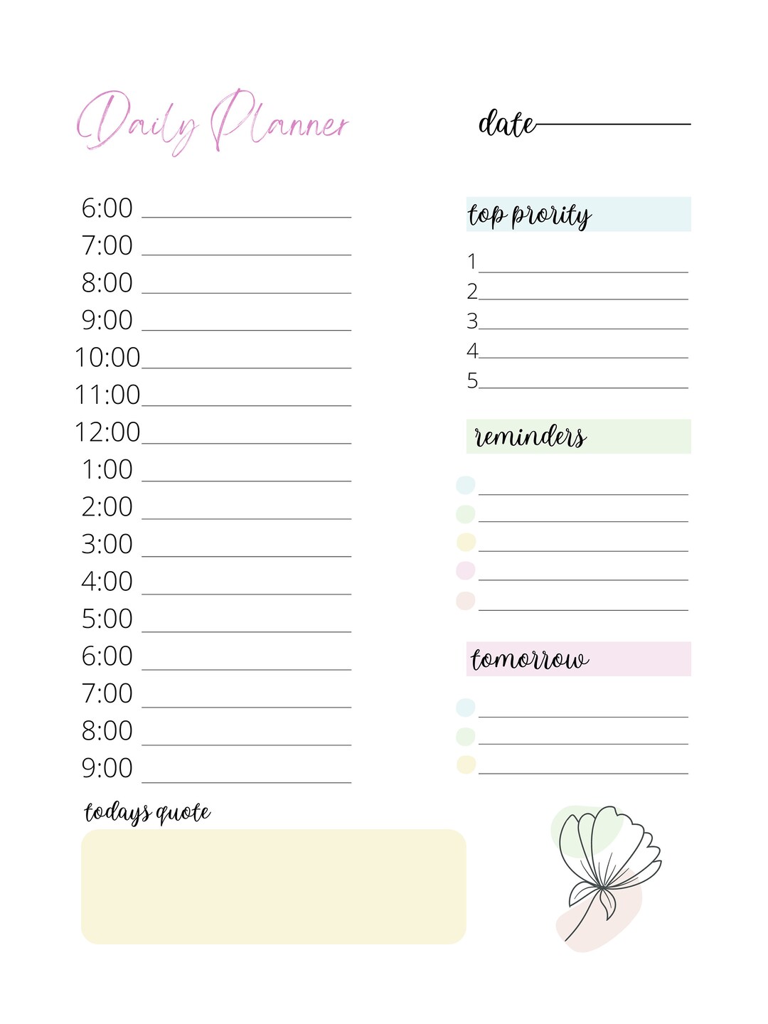 Daily Planner Daily Schedule Printable Template Downloadable Digital ...