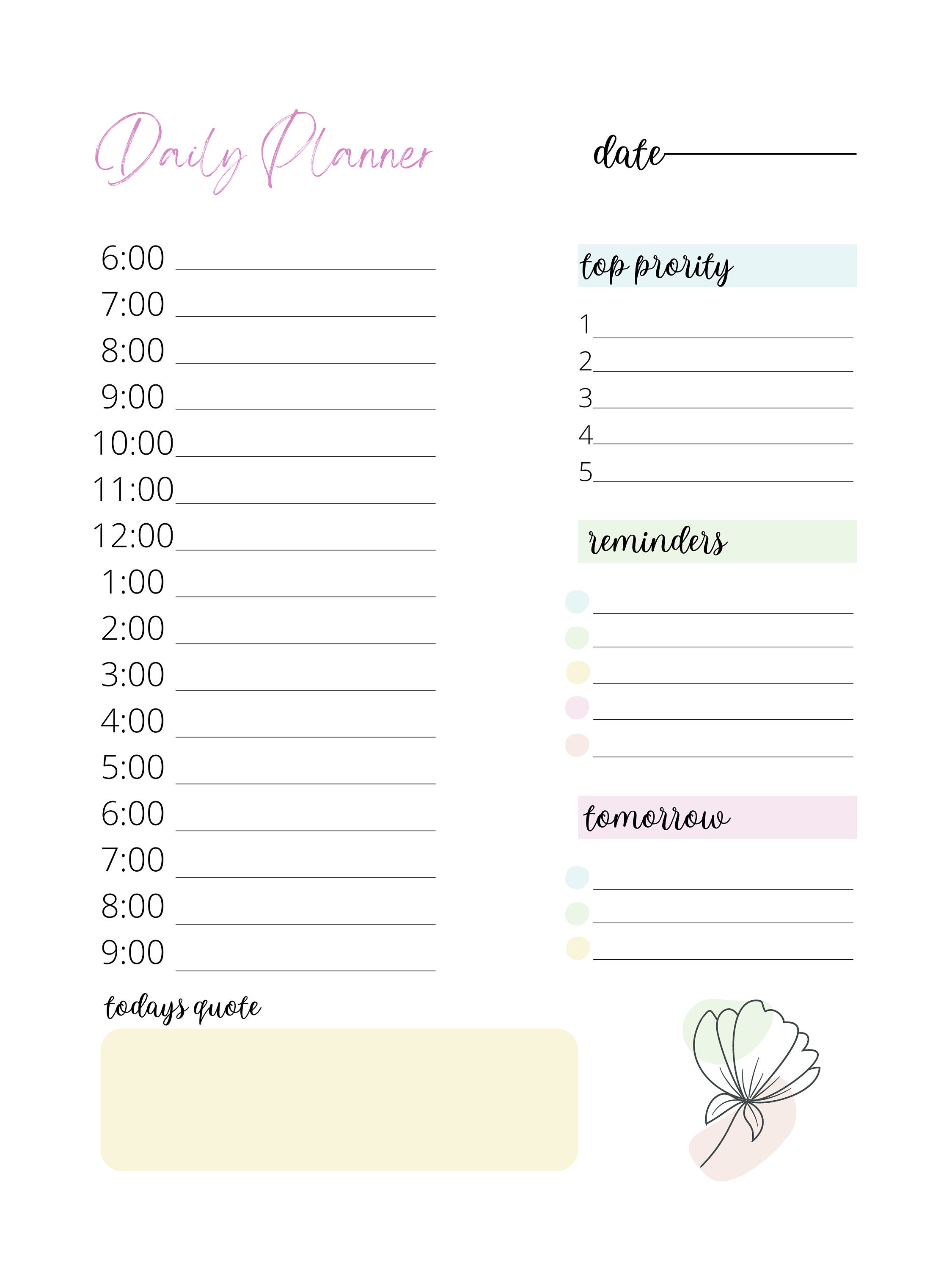 Daily Planner Daily Schedule Printable Template Downloadable Digital ...