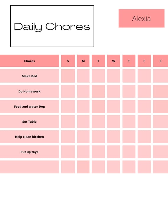 Weekly Chores Daily Check Boxes Chore Chart Printable PDF Easy - Etsy
