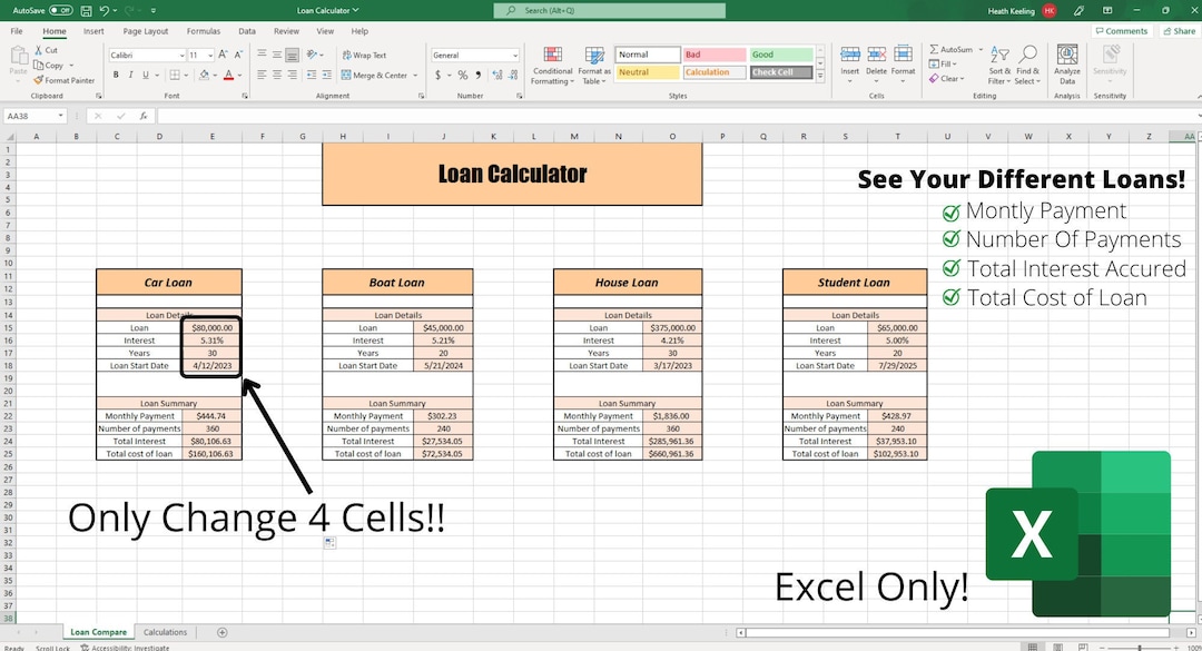 Excel Loan Spreadsheet Downloadable Loan Calculator Loan Compare Simple ...