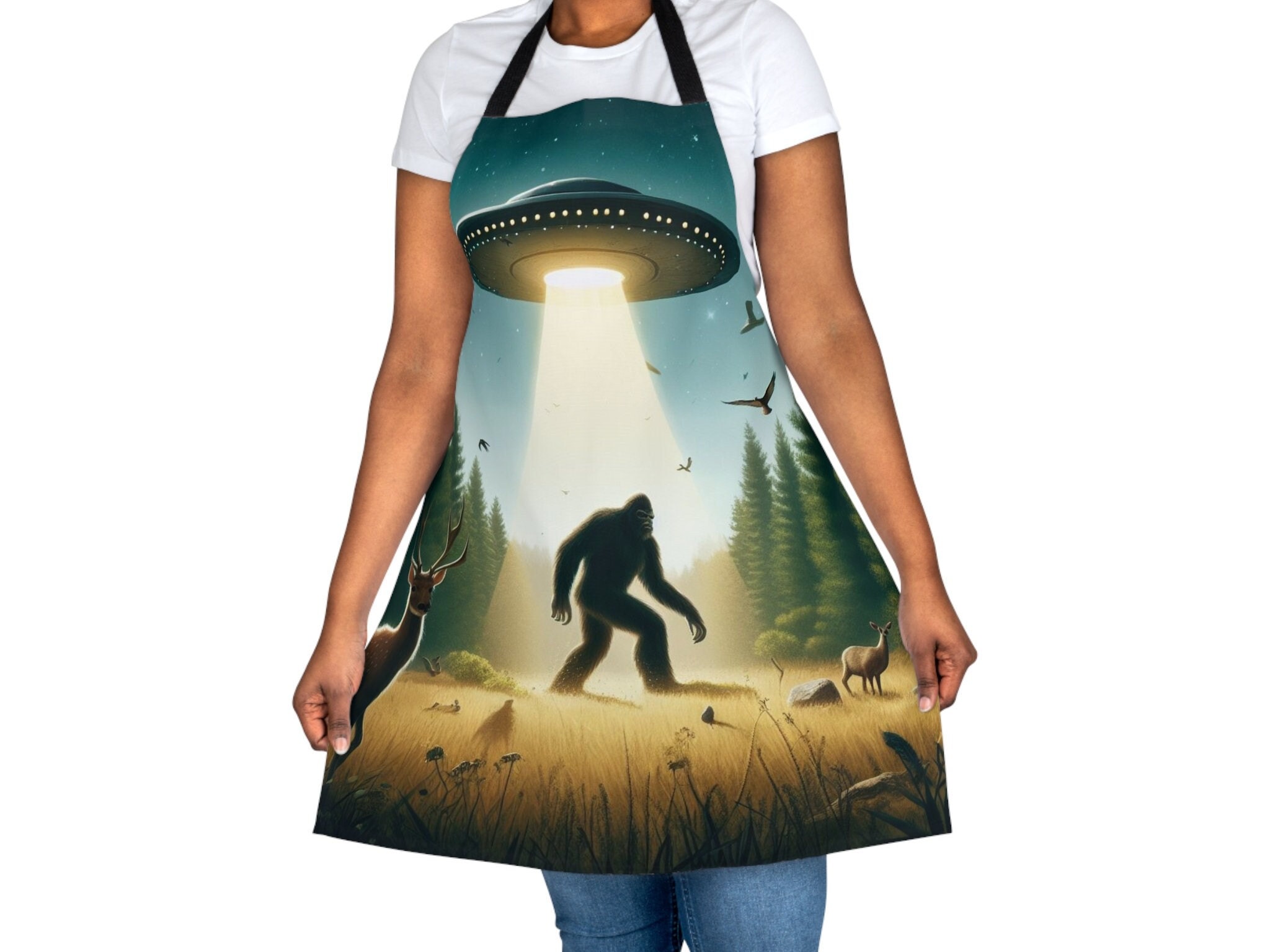 UFO and Bigfoot Apron, Chef's Apron, Hovering UFO and Sasquatch in the ...