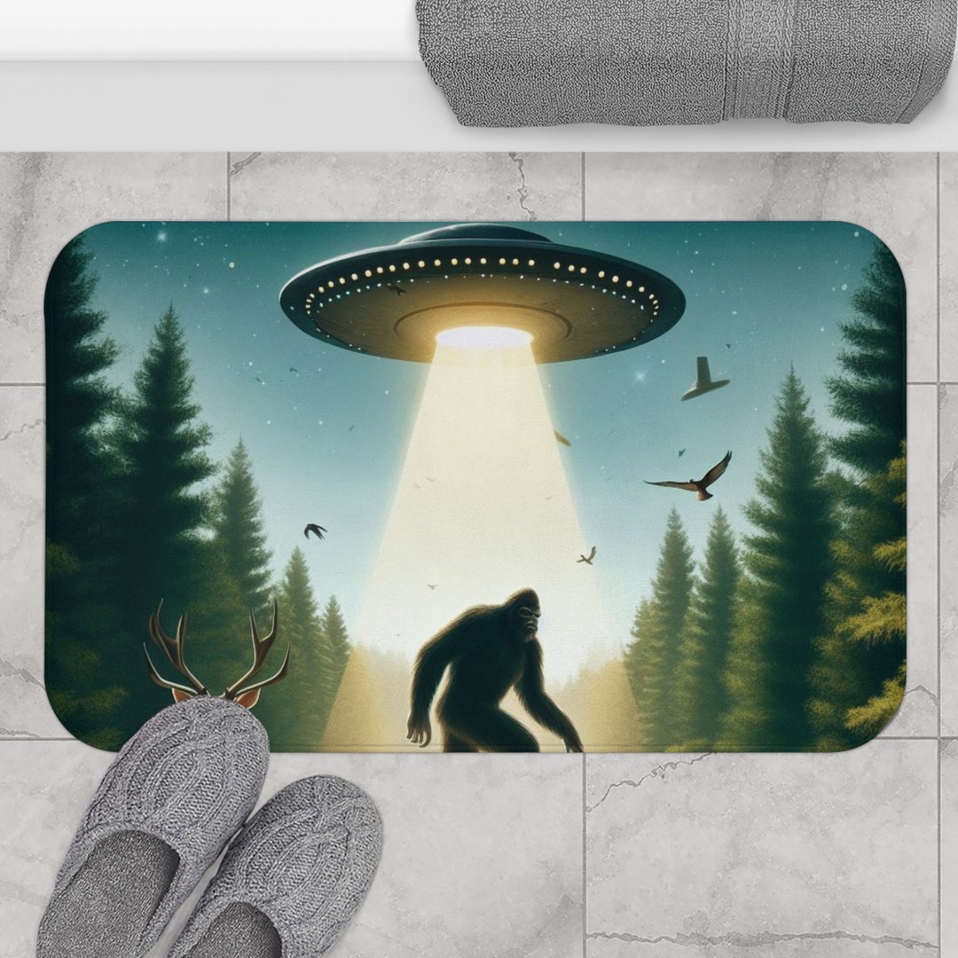 UFO and Bigfoot Bath Mat, Bigfoot Bathroom Accessory, Sasquatch and UFO ...