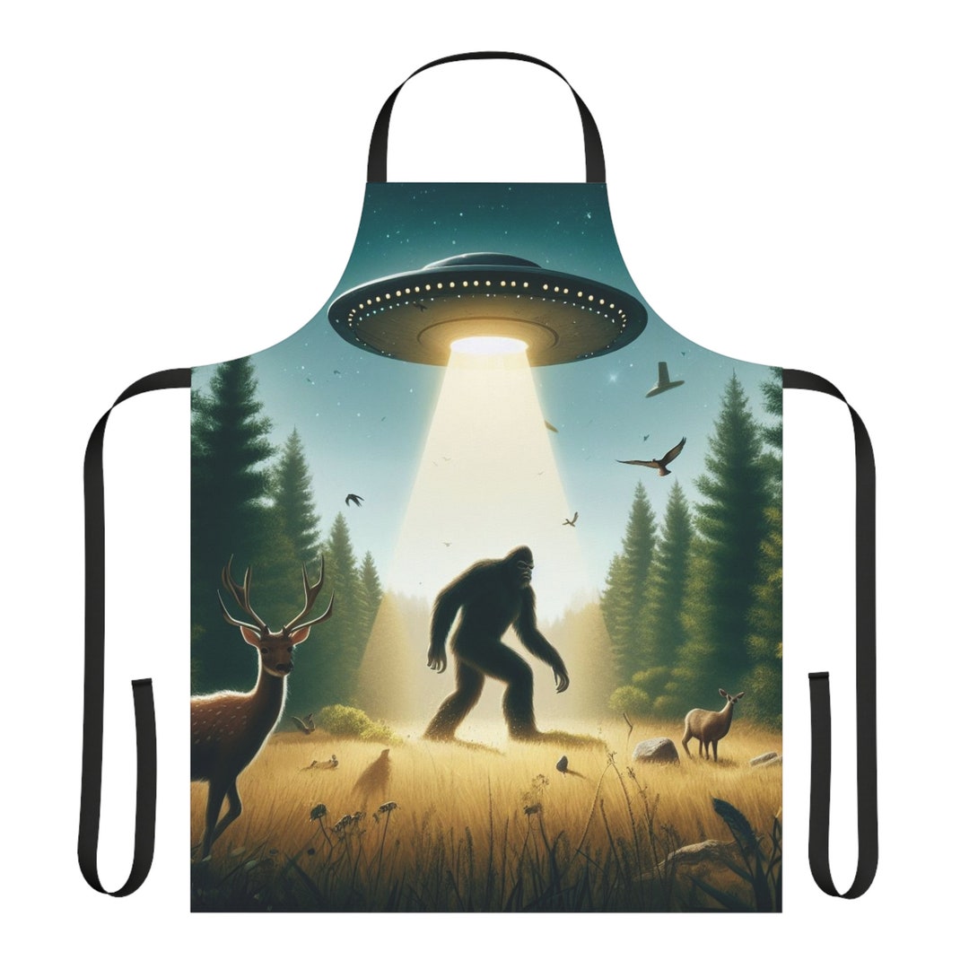 UFO and Bigfoot Apron, Chef's Apron, Hovering UFO and Sasquatch in the ...
