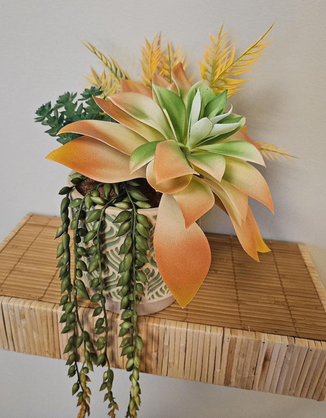Tropical Faux Flower Arrangement Bright Orange Yellow Green Succulent ...