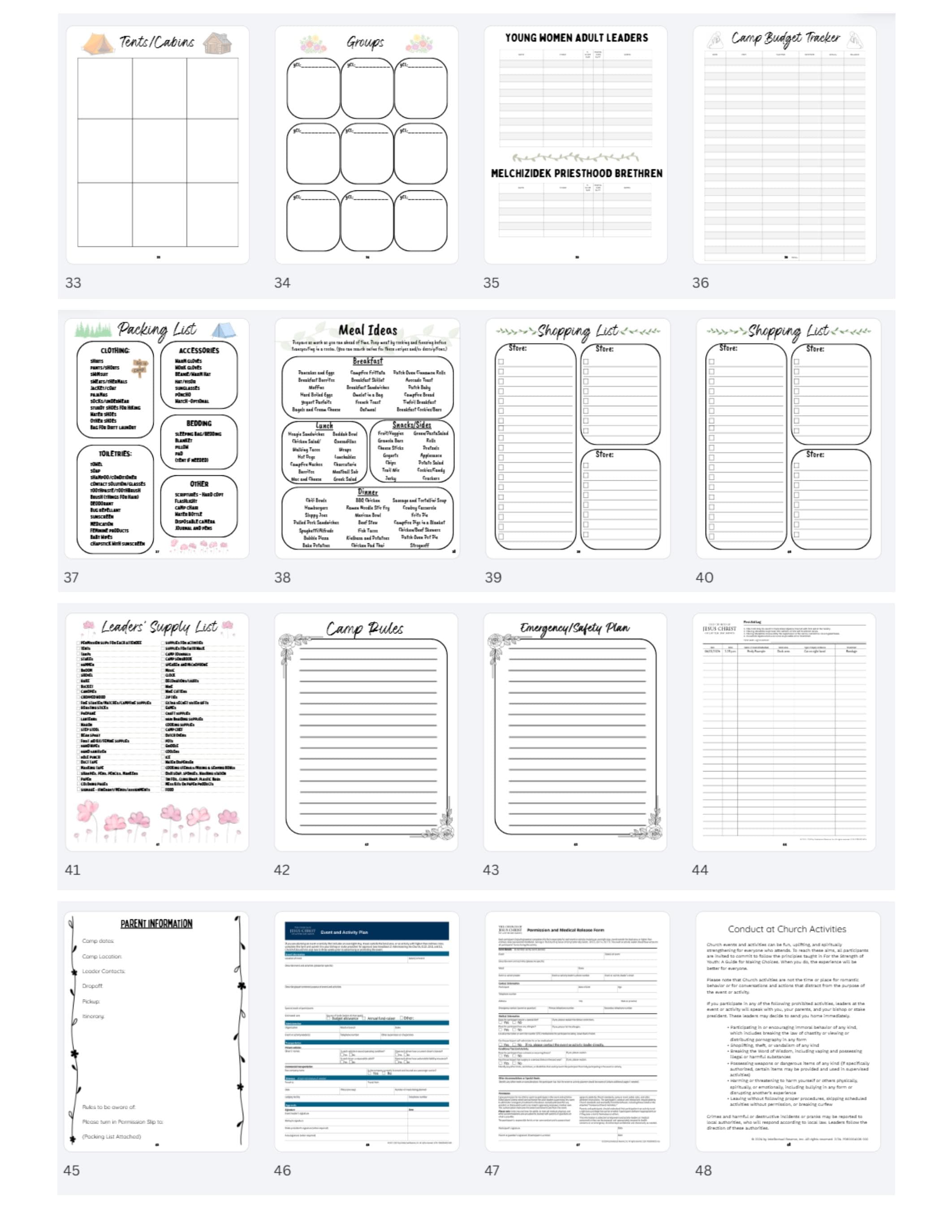Young Women Camp Planner - Very Comprehensive! Stake or Ward Camp - Etsy