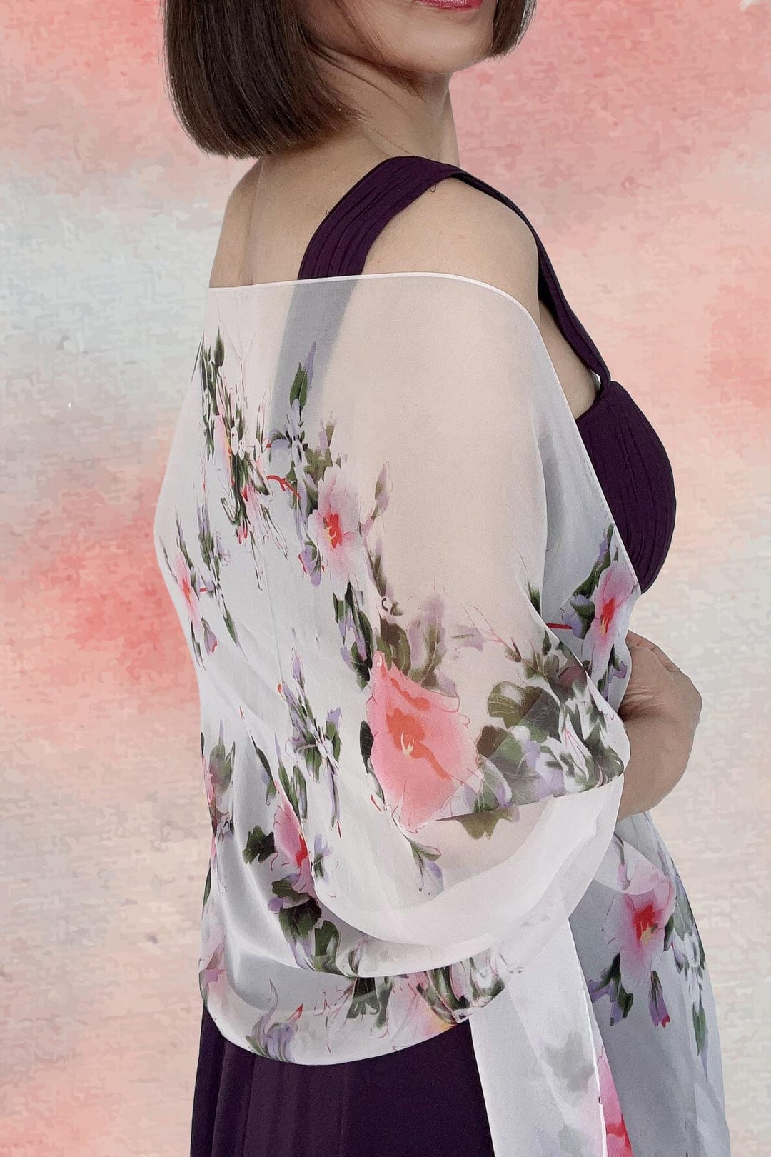 Pink and White Scarf, Sheer Capelet With Camellia Pattern - Lightweight ...