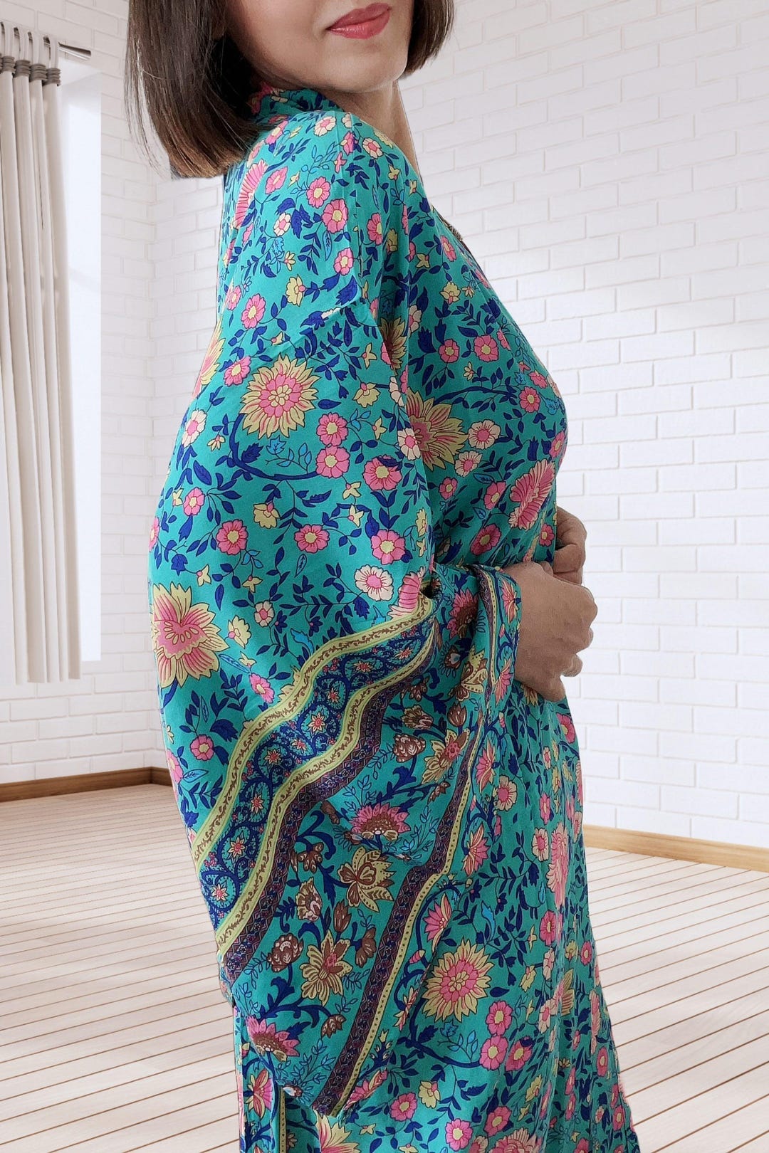 Full Length Kimono Dressing Gown, Green Floral Robe in Pure Cotton ...