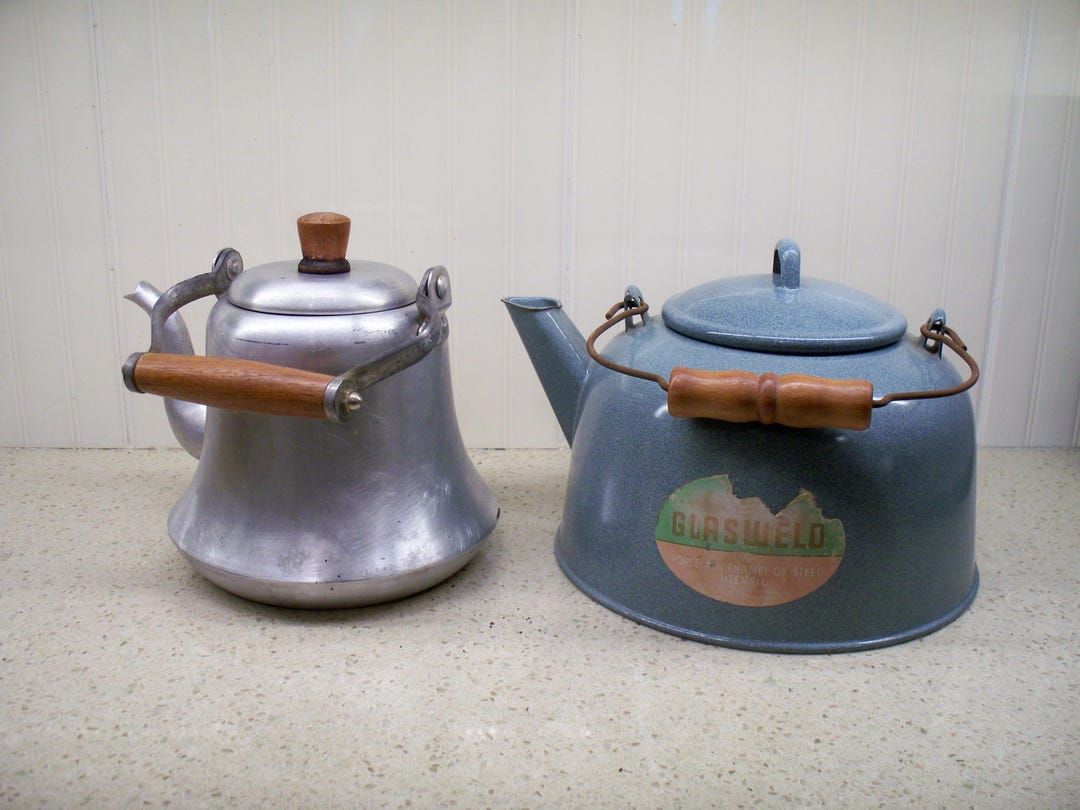Two Vintage Metal Teapots - One Aluminum and One Porcelain Enamel on ...