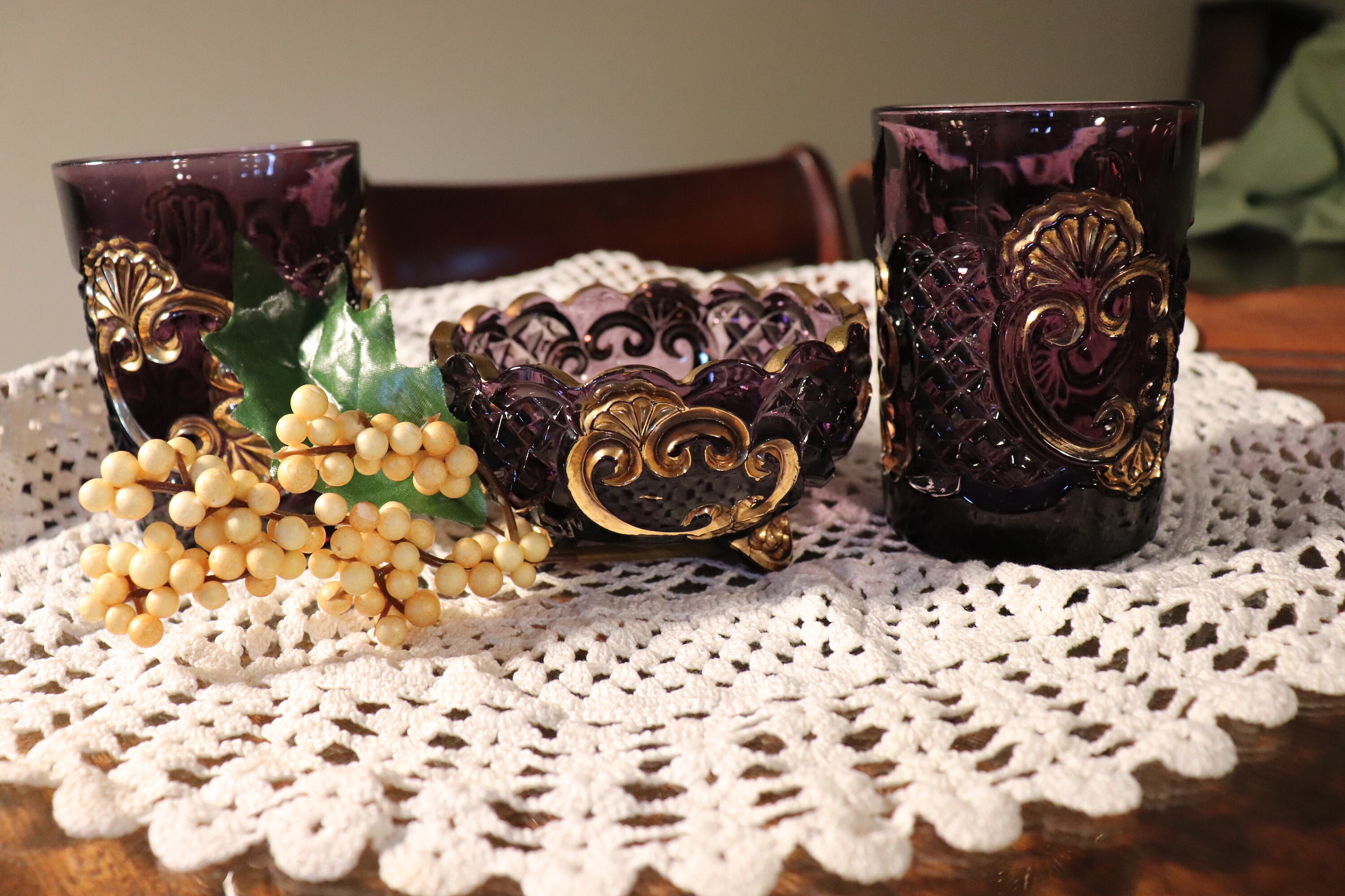 Croesus Riverside Amethyst and Gold Tumblers and Footed Berry or Sauce ...