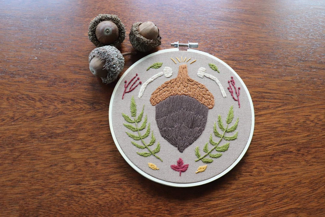 Hand Embroidered Acorn With Fern, Mushrooms and Leaves - Etsy