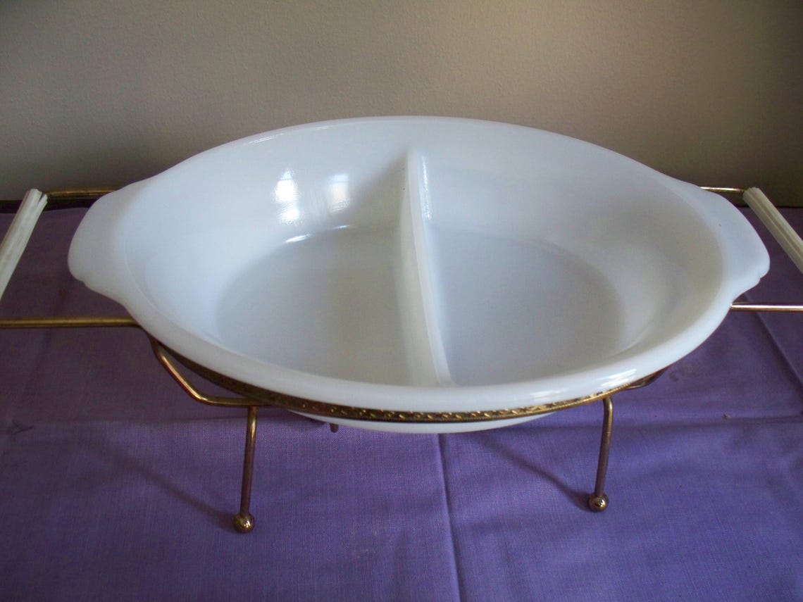Fire-king Divided Serving Dish With Stand and Twin Candle Warmer - Etsy