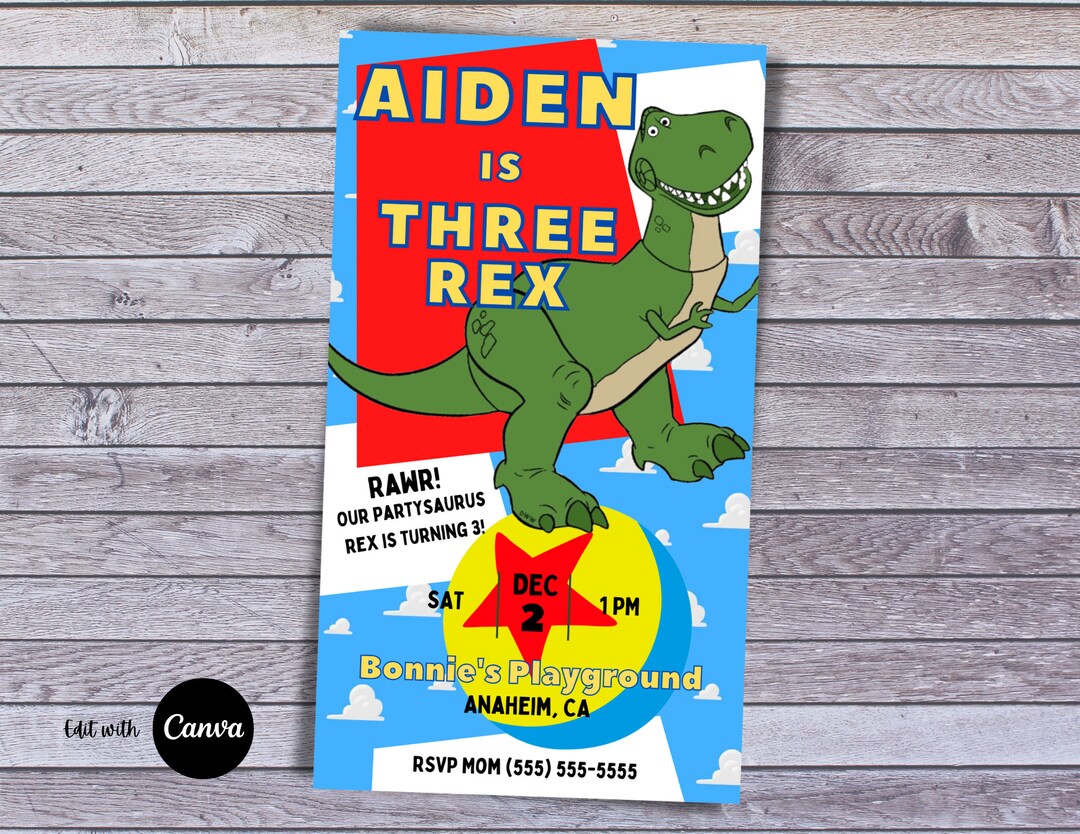 3 Rex Toy Story Rex Dinosaur T-rex Theme Editable Digital Text Birthday ...