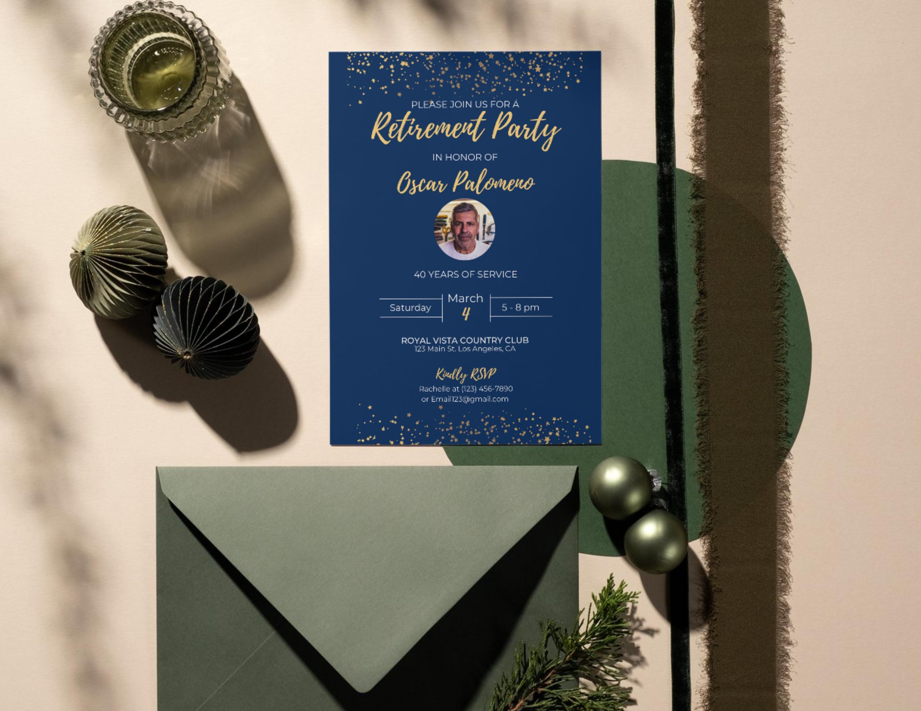 Retirement Work Farewell Launch Party Invitation | Semi Formal Navy ...