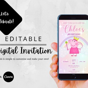 Pig Rainbow Sparkles Pink Birthday Party Invitation Theme Editable ...