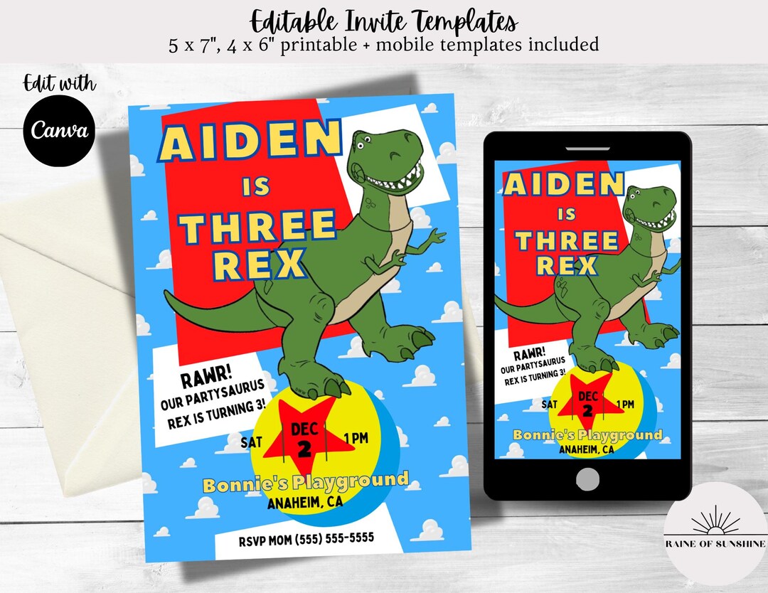 3 Rex Toy Story Rex Dinosaur T-rex Theme | Editable Digital Text ...