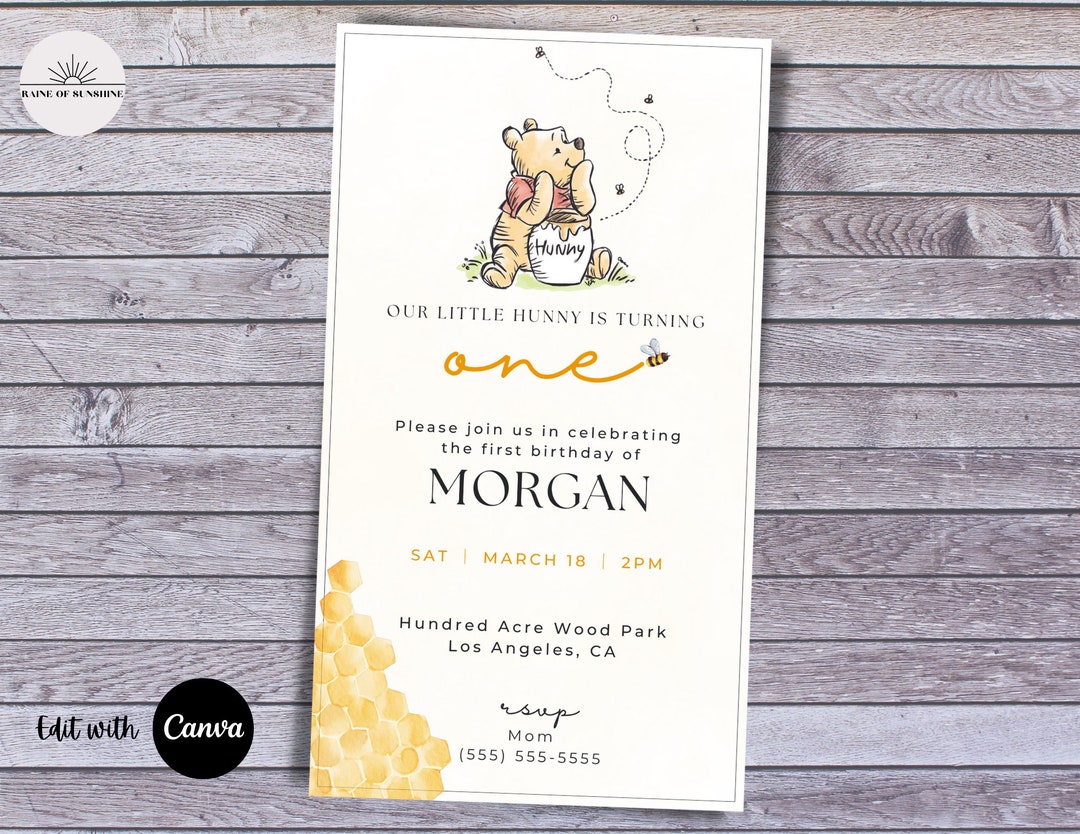 Winnie the Pooh Bee Hunny Birthday Invitation Theme | Editable Digital ...