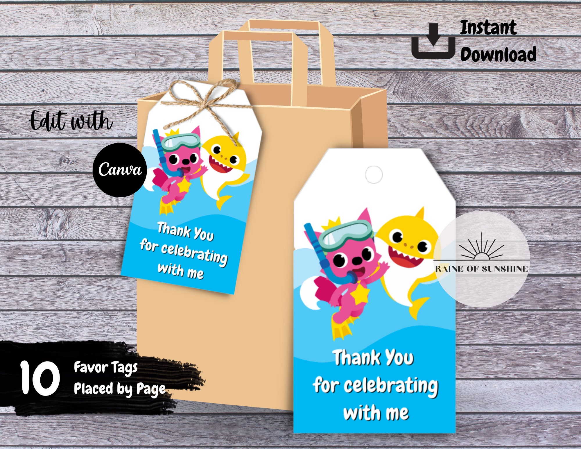 Shark Birthday Theme Editable 2 X 3.5 Inch Thank You Party Favor Tags ...