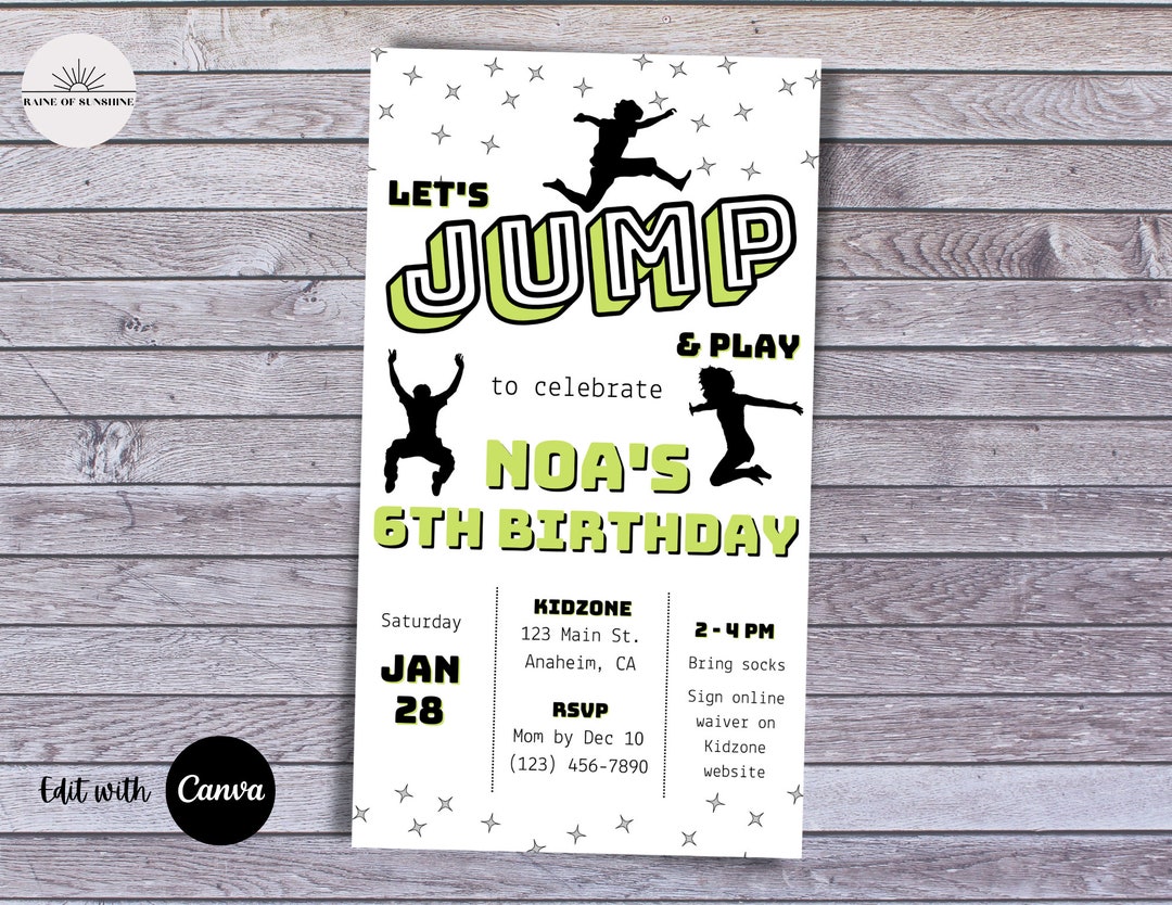Jump Play Trampoline Bounce Invitation Theme | Editable Digital Text ...