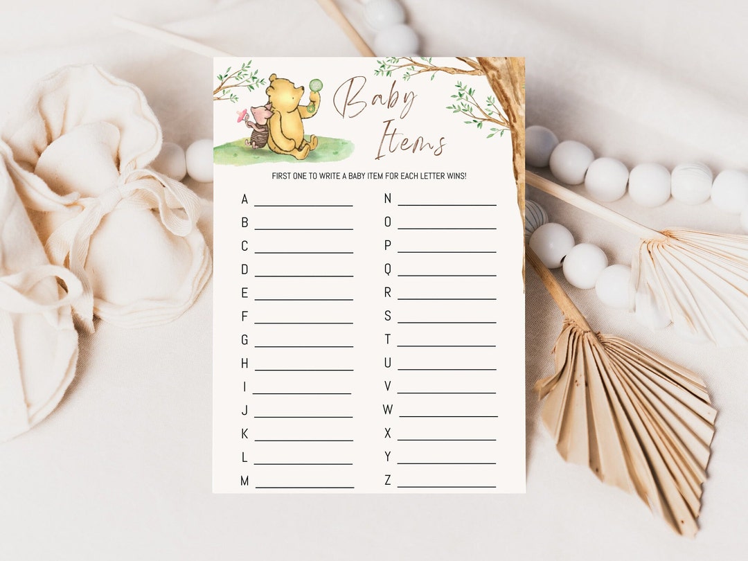 Winnie the Pooh Baby Shower Baby Items ABC Game, Baby Shower Games ...
