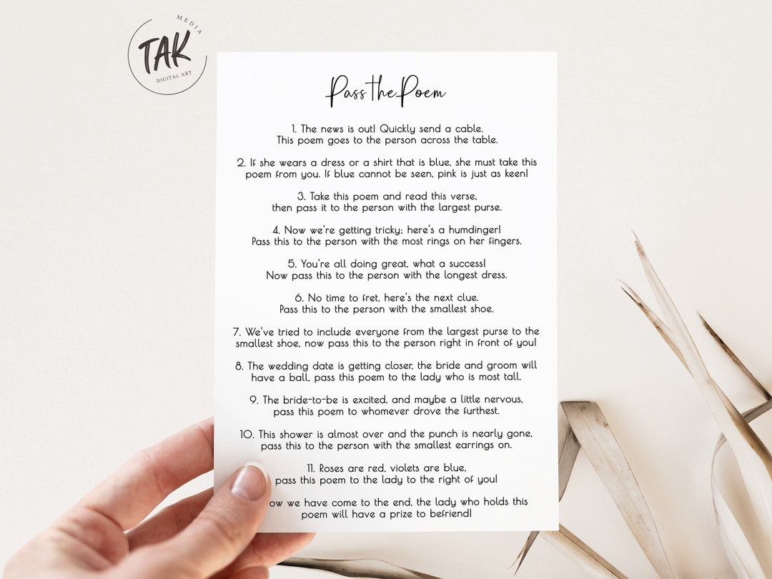 Minimalist Bridal Shower Pass the Poem Game, Bridal Shower Game ...
