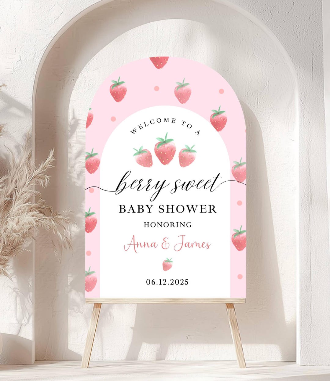 Printed Arch Berry Sweet Baby Shower Welcome Sign With Strawberries ...