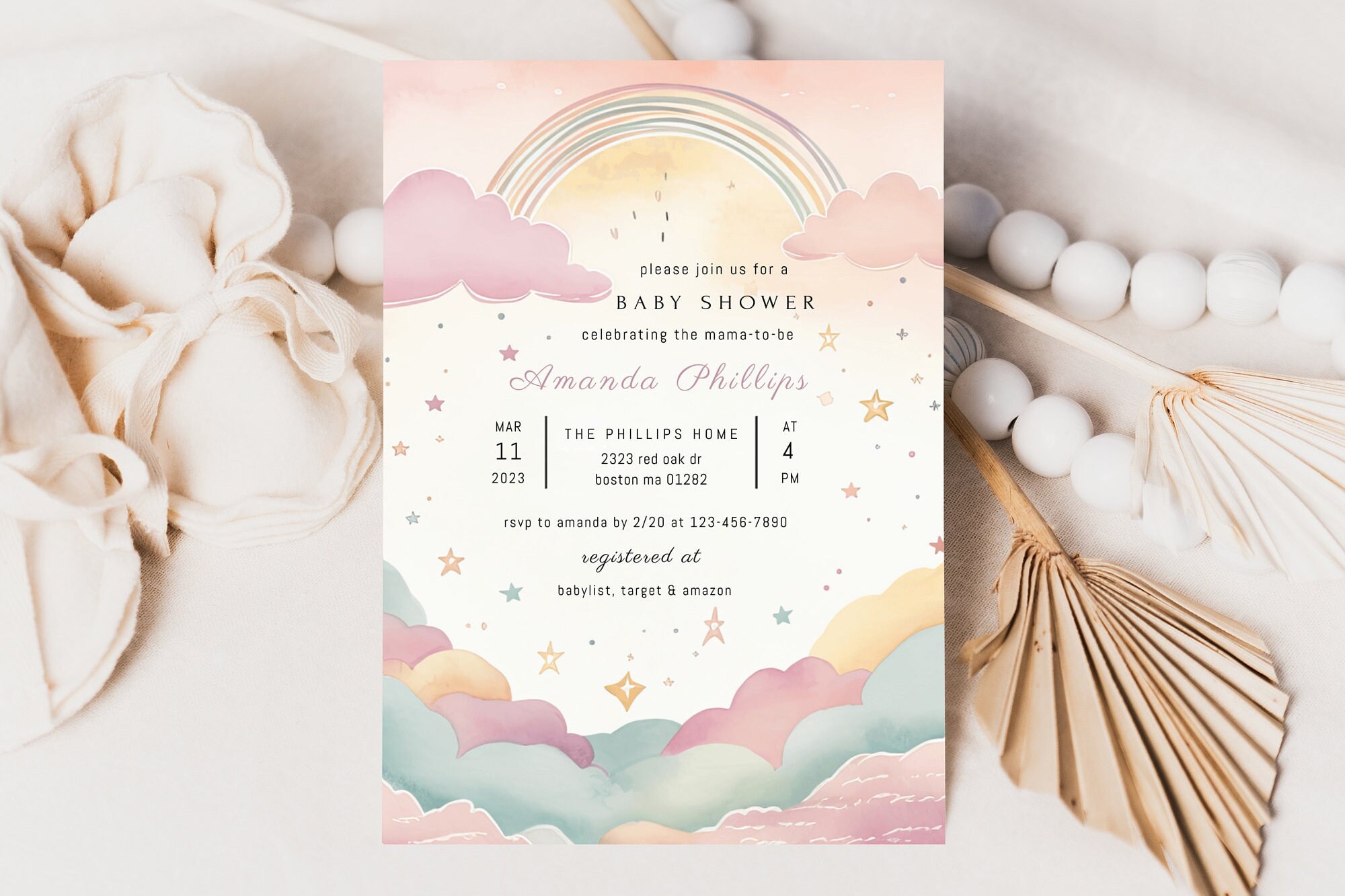 Rainbow Baby Shower Invitation Template, Baby Girl Invite, Watercolor ...