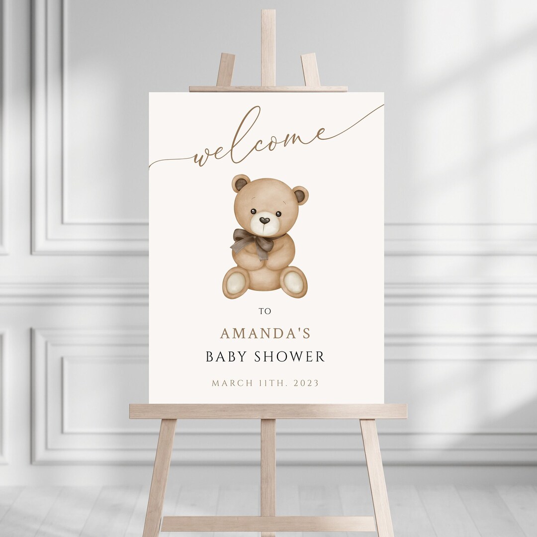 Bear Baby Shower Gender Neutral Welcome Sign, Editable Minimalist Bear ...