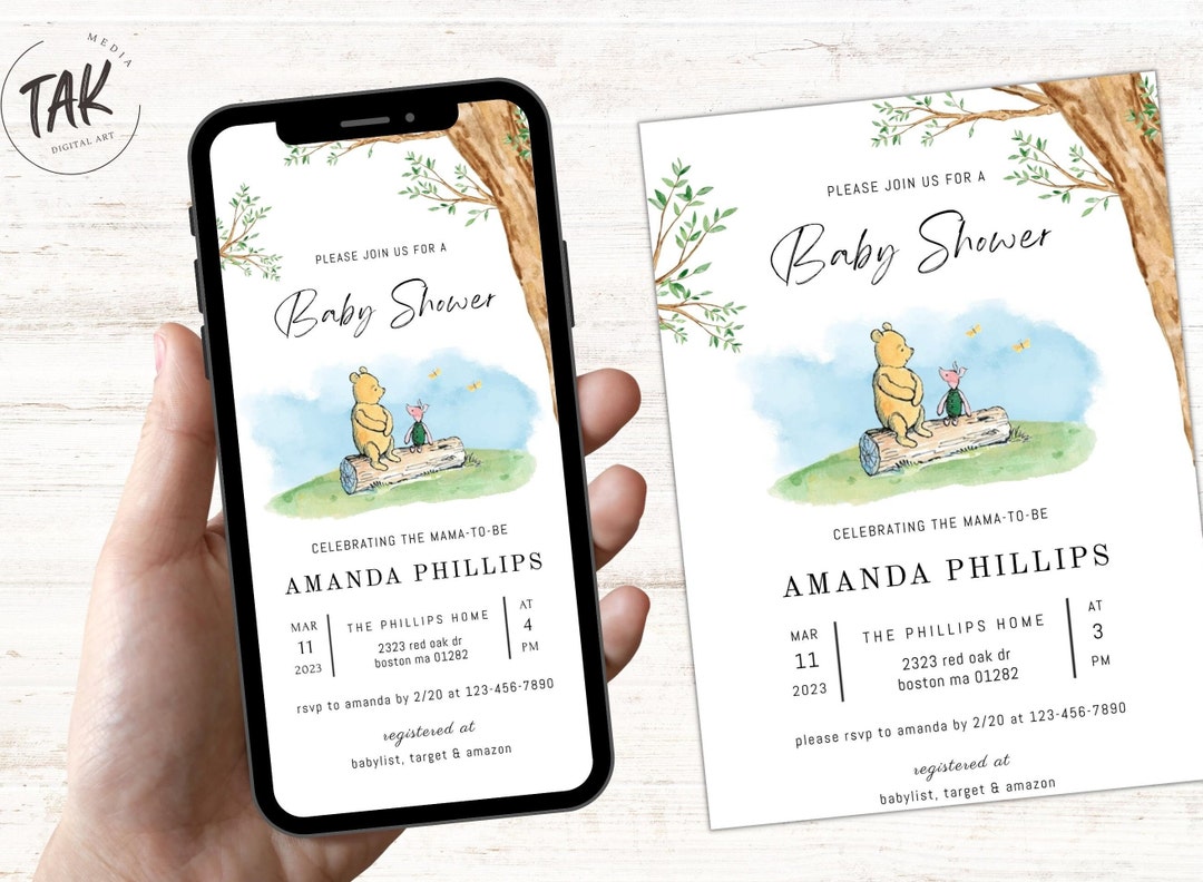 Baby Shower Pooh Bear & Piglet Gender Neutral Invitation Template ...