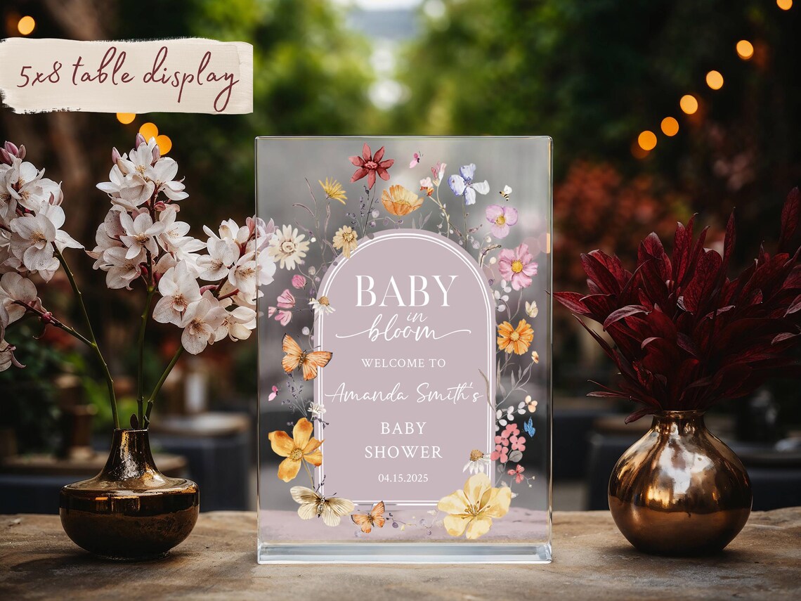 Baby in Bloom Acrylic Baby Shower Sign – Personalized Floral Welcome ...