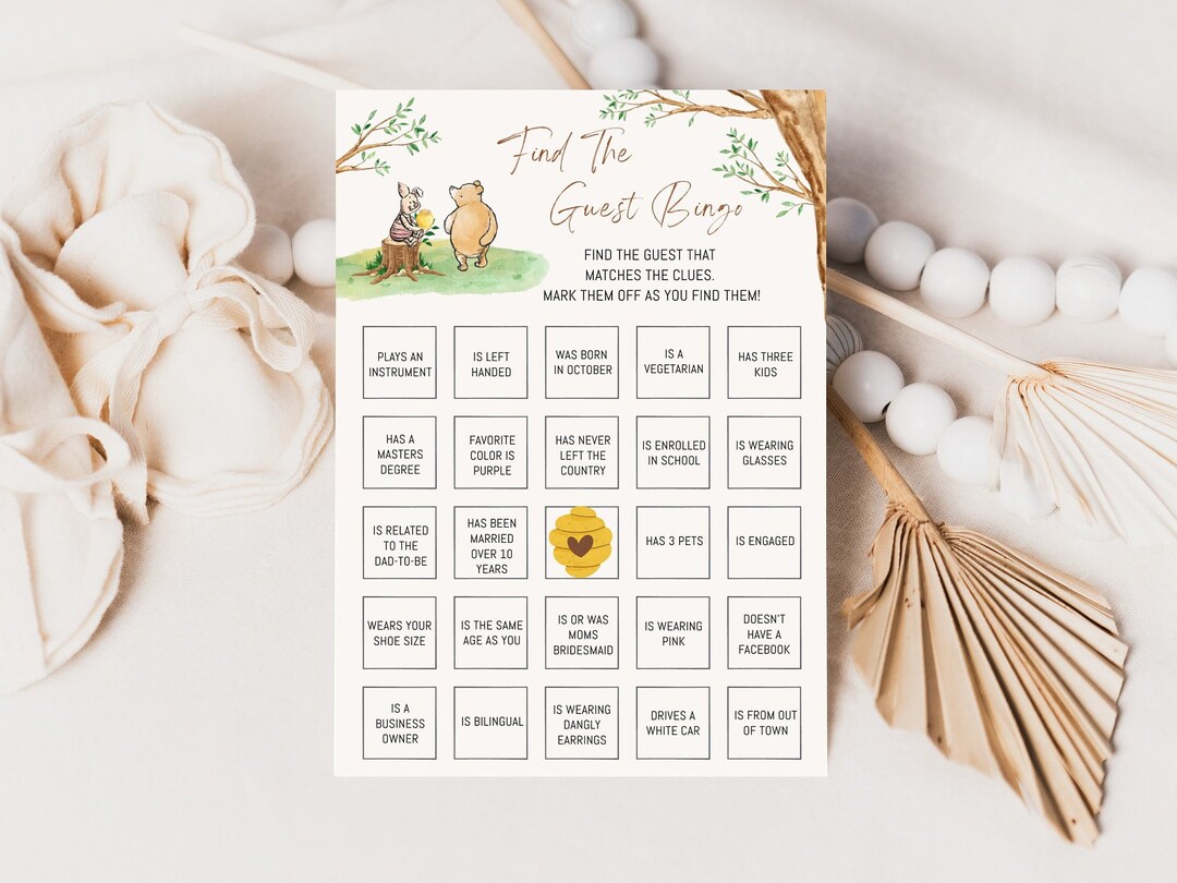 Winnie the Pooh Baby Shower Find the Guest Bingo, Baby Shower Games ...